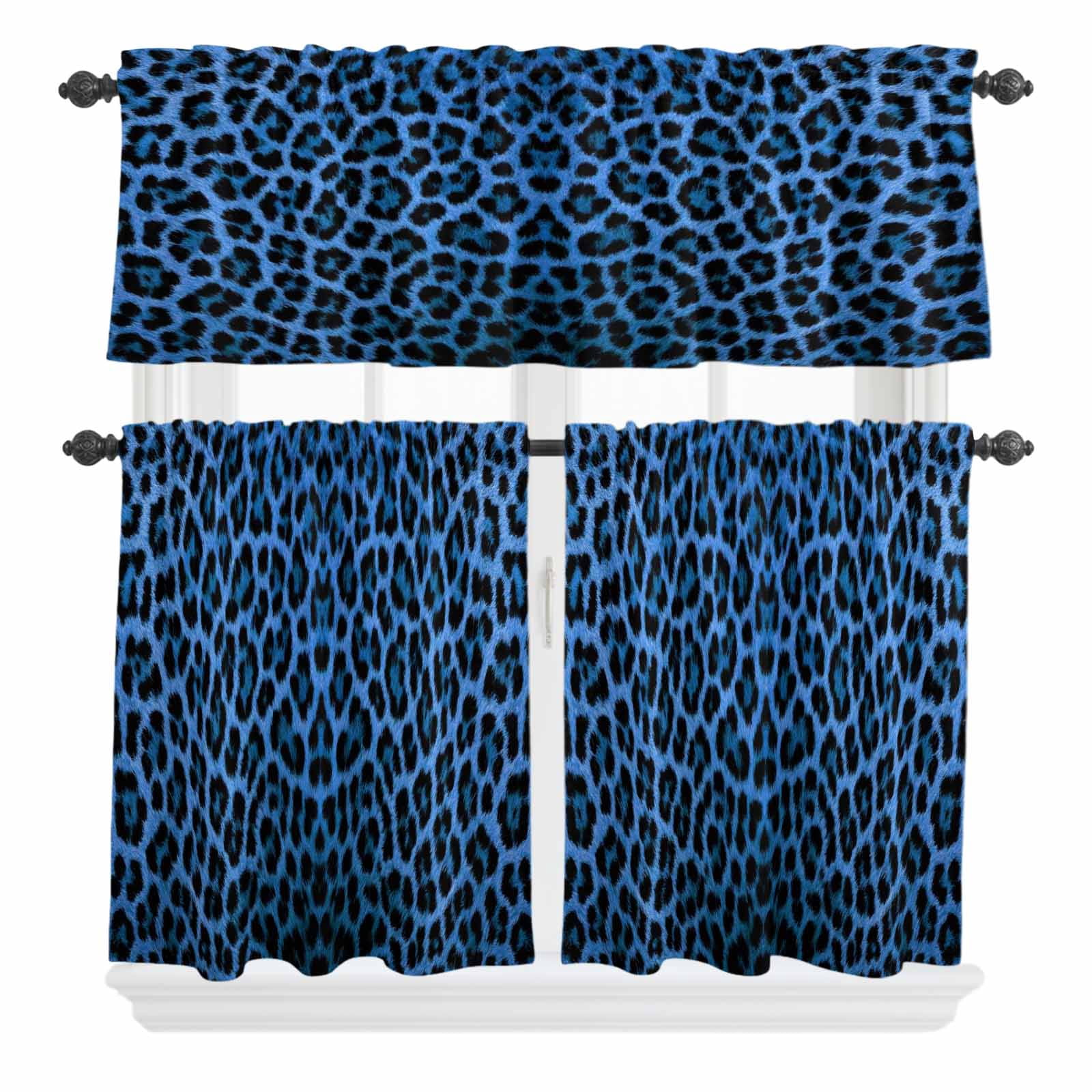 3 Piece Kitchen Curtains and Valances Set Blue Leopard Print Cafe ...