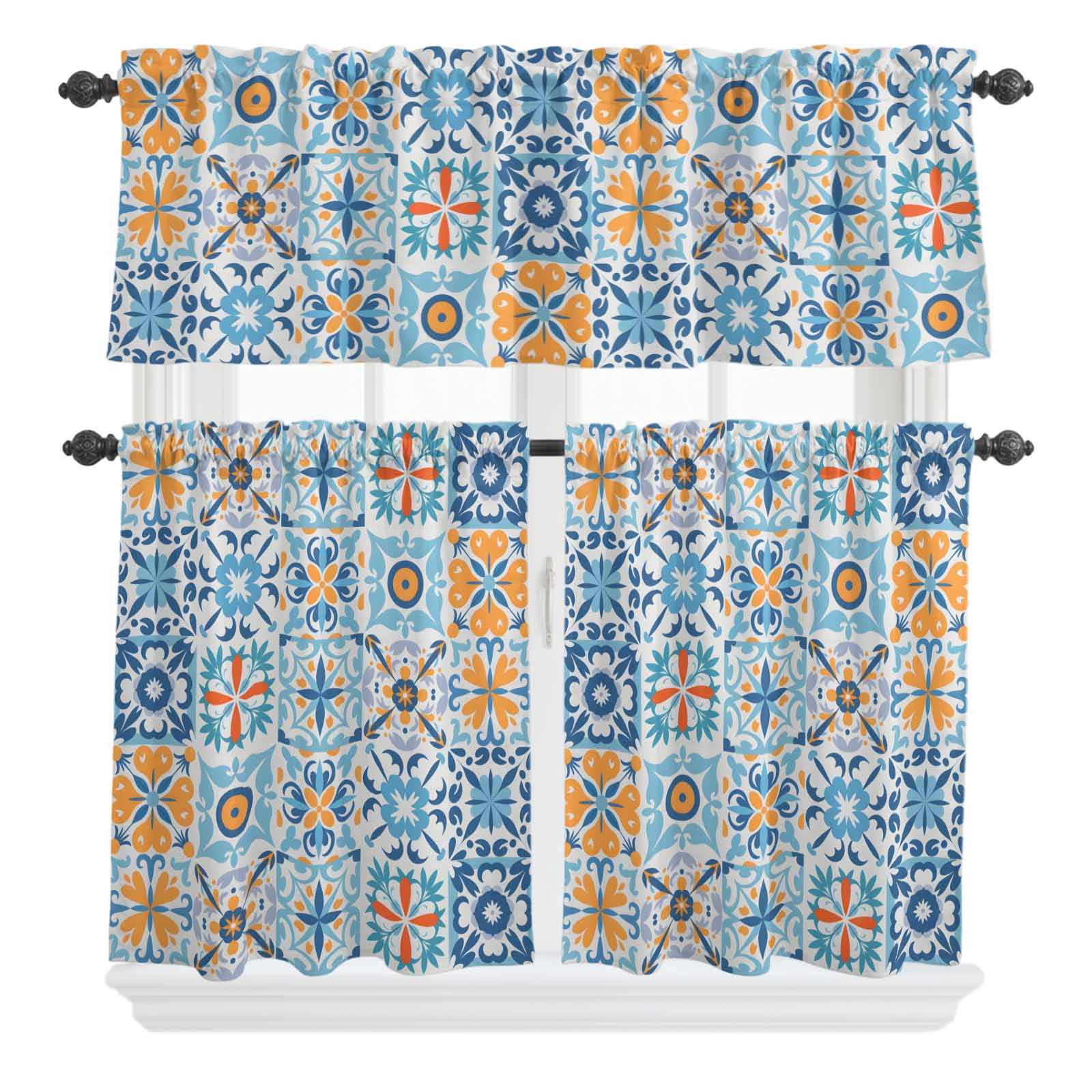 3 Piece Kitchen Curtains and Valances Set Blue Mediterranean Cafe ...