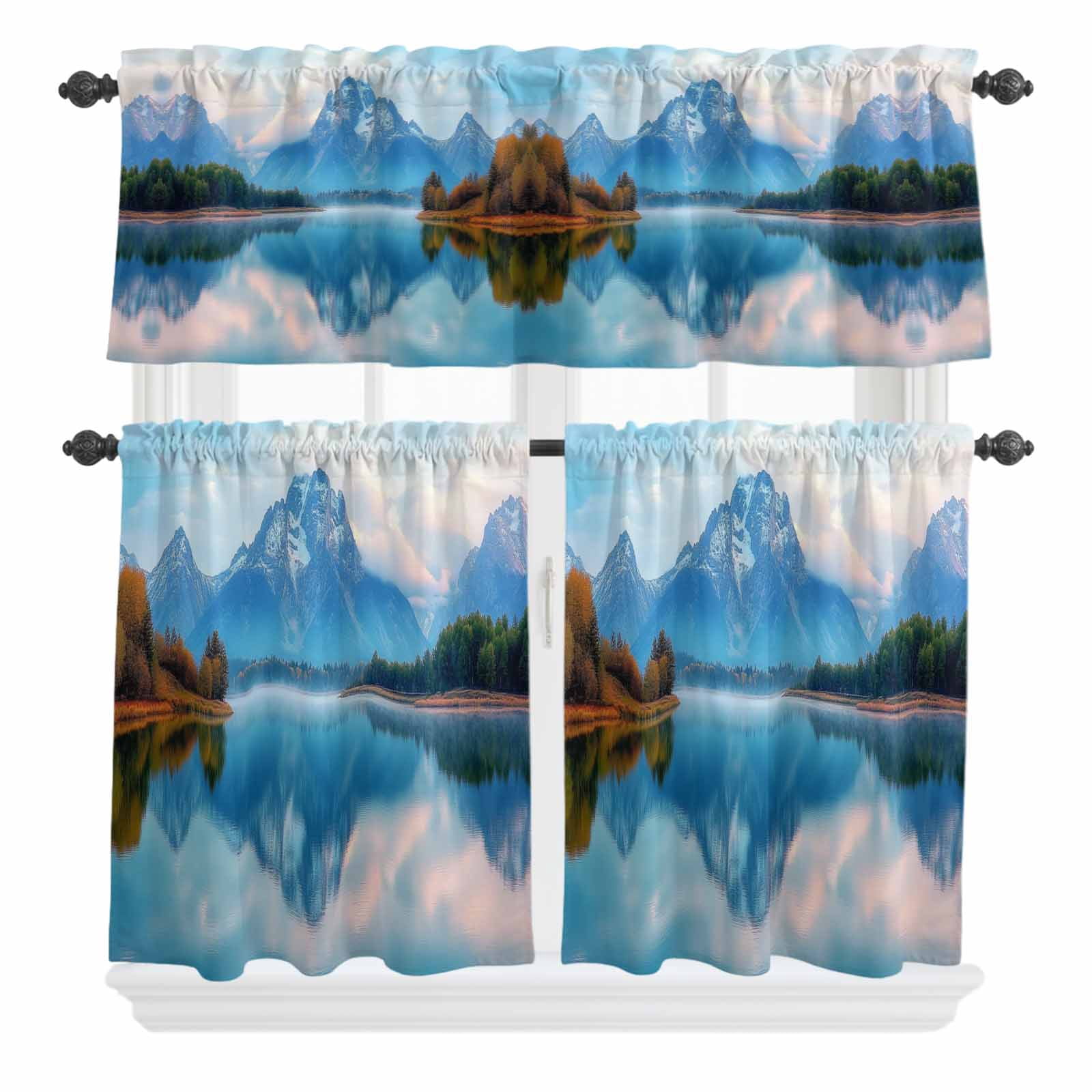 3 Piece Kitchen Curtains and Valances Set Blue Mountain Cafe Curtains ...