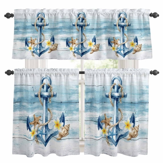3 Piece Kitchen Curtains and Valances Set Blue Nautical Cafe Curtains ...
