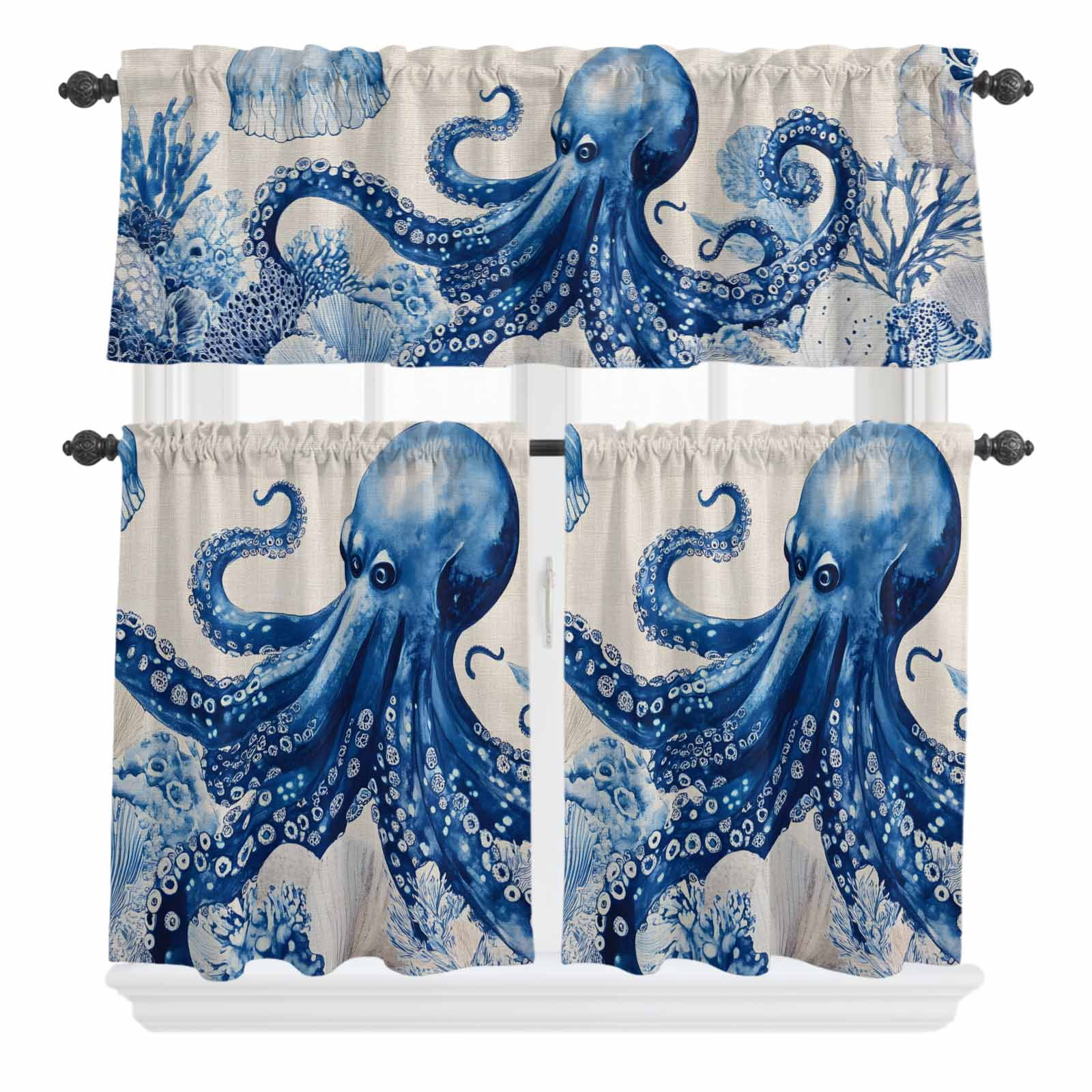 3 Piece Kitchen Curtains and Valances Set Blue Octopus Coastal Cafe ...