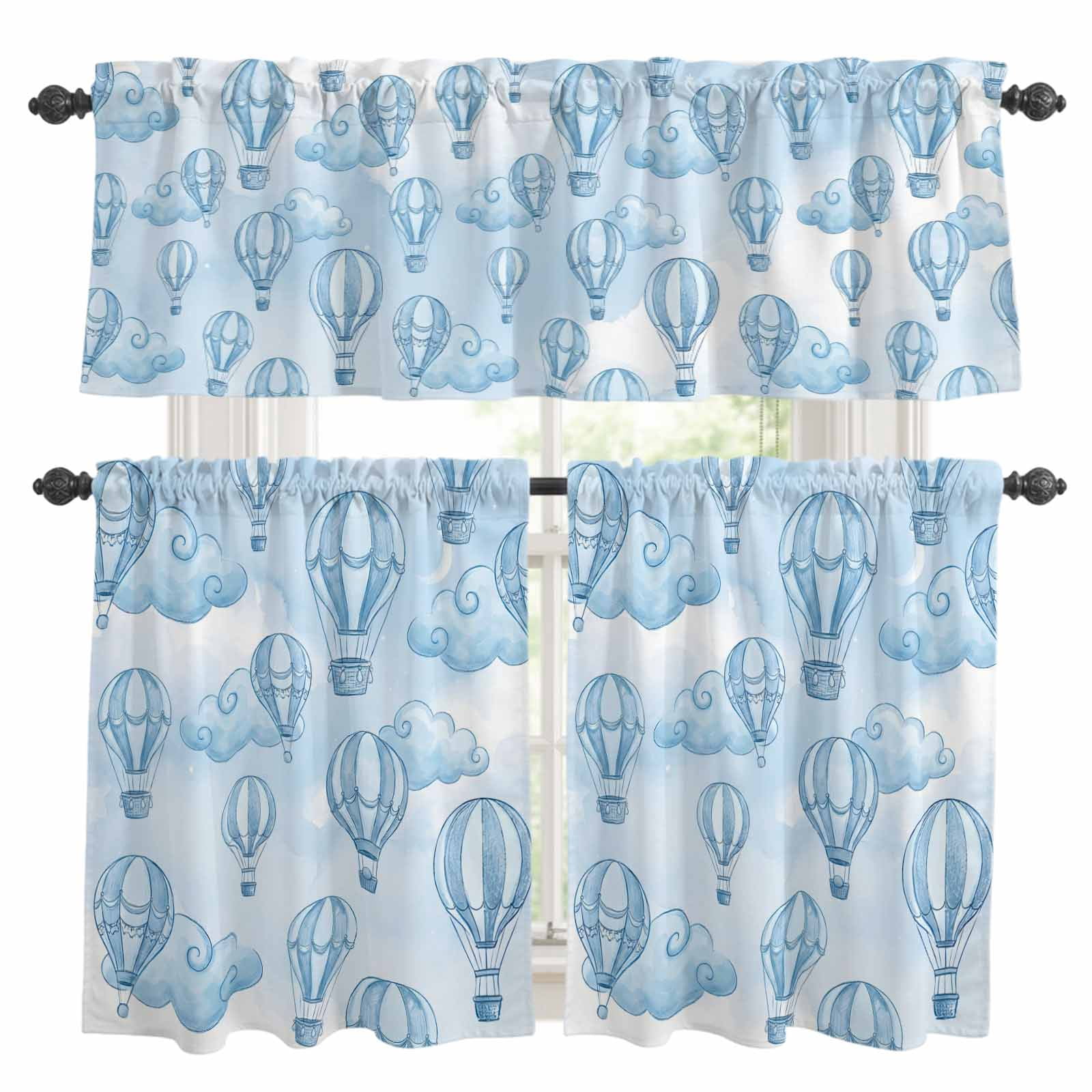 3 Piece Kitchen Curtains and Valances Set Blue Ombre Hot Air Balloon ...