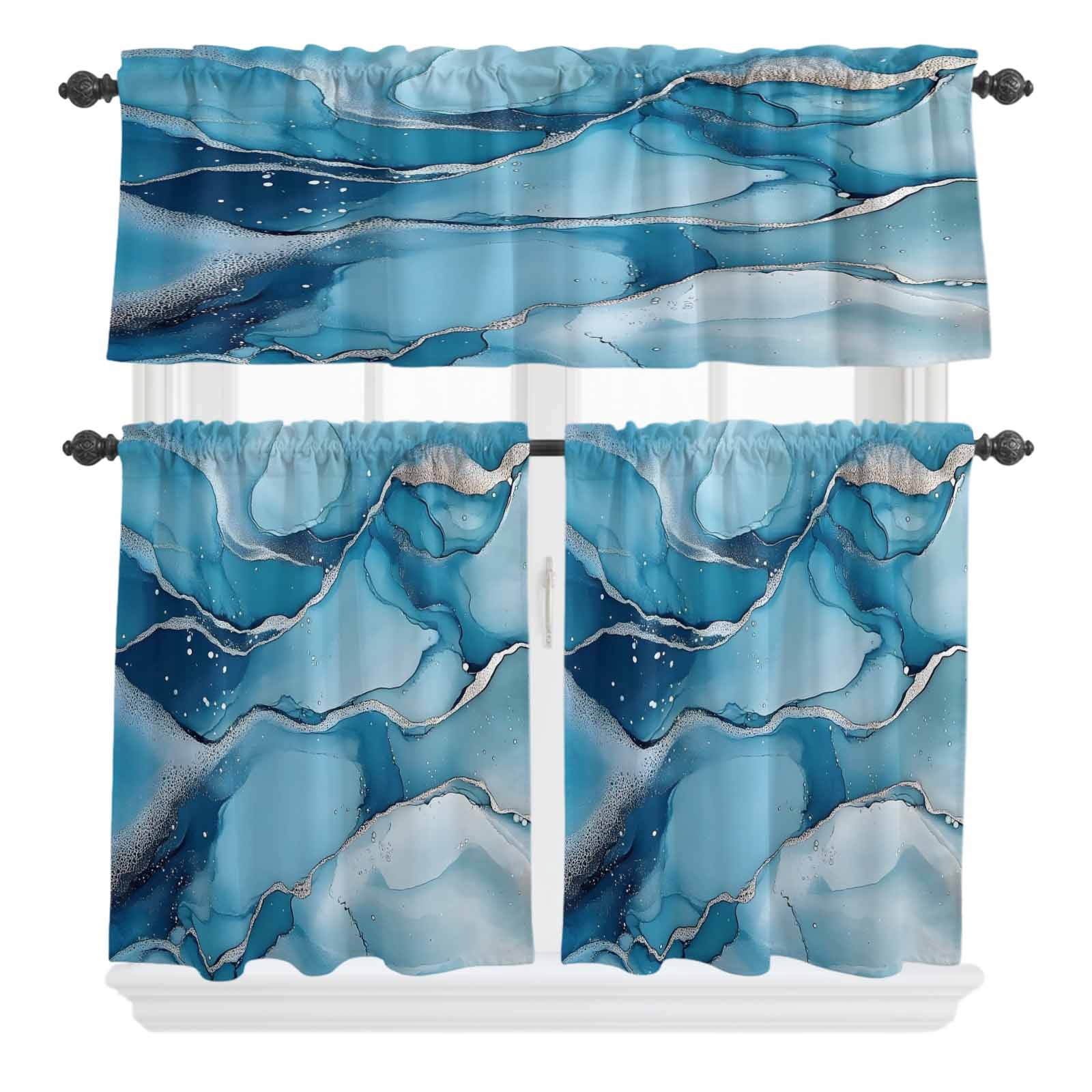 3 Piece Kitchen Curtains and Valances Set Blue Ombre Marble Cafe ...