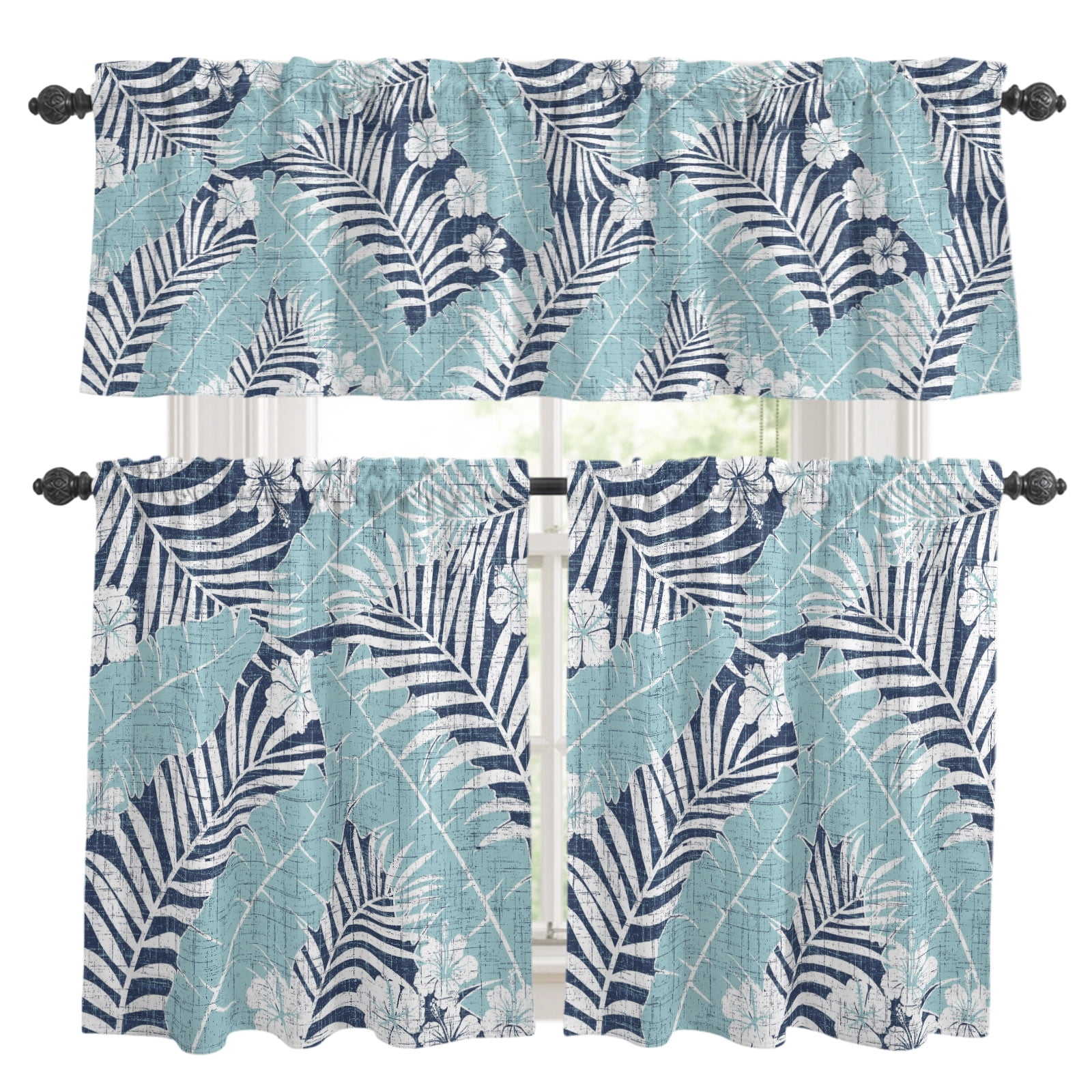 3 Piece Kitchen Curtains and Valances Set Blue Palm Tree Cafe Curtains ...