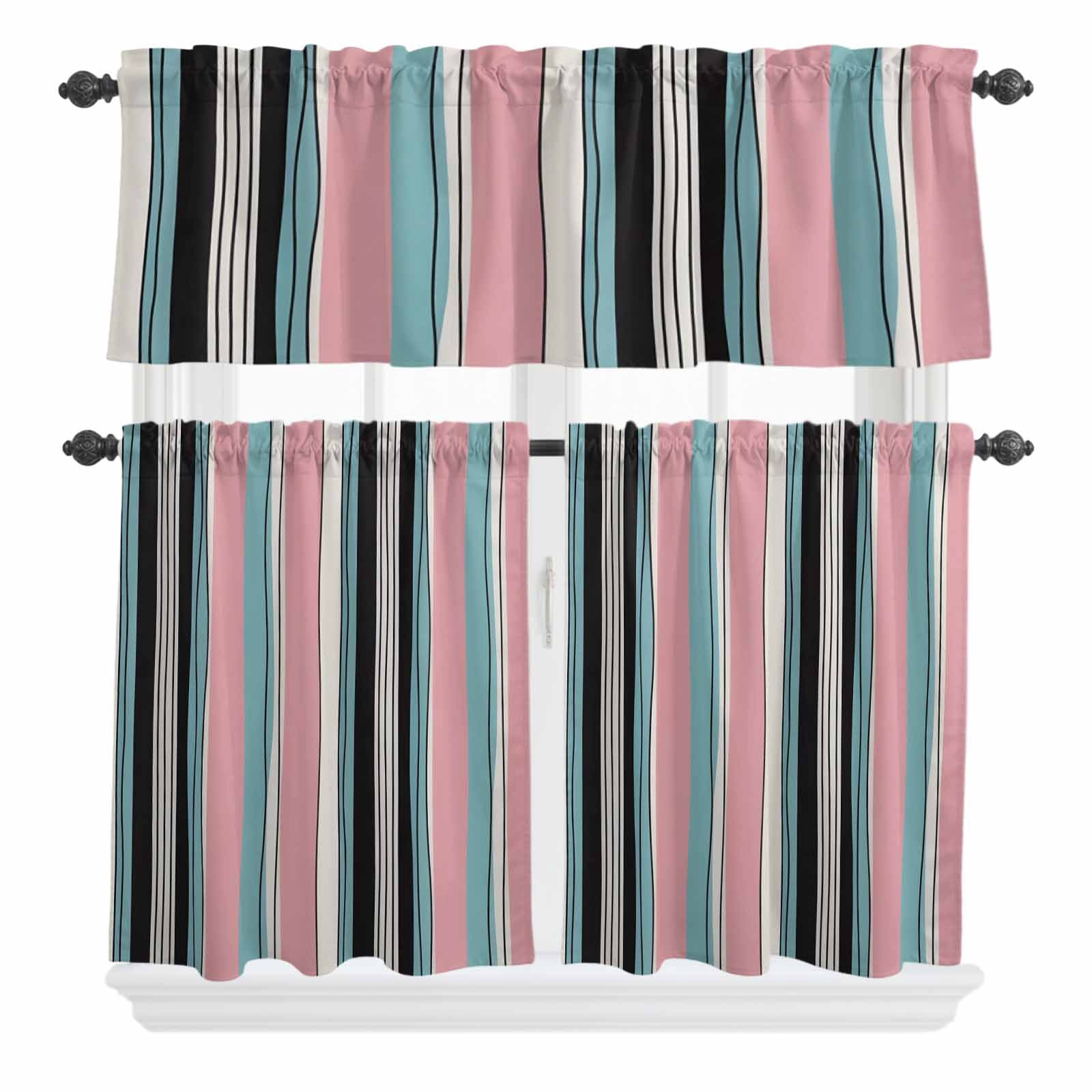 3 Piece Kitchen Curtains and Valances Set Blue Pink Striped Cafe ...