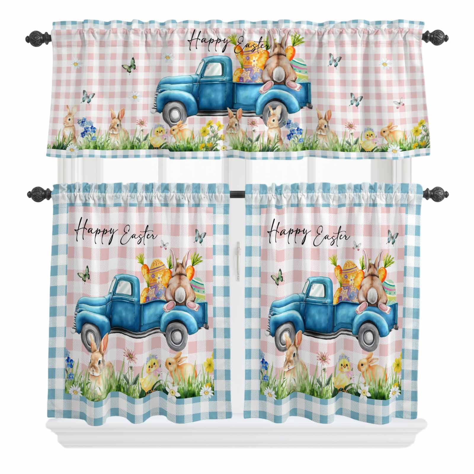 3 Piece Kitchen Curtains and Valances Set Blue Plaid Easter Cafe ...