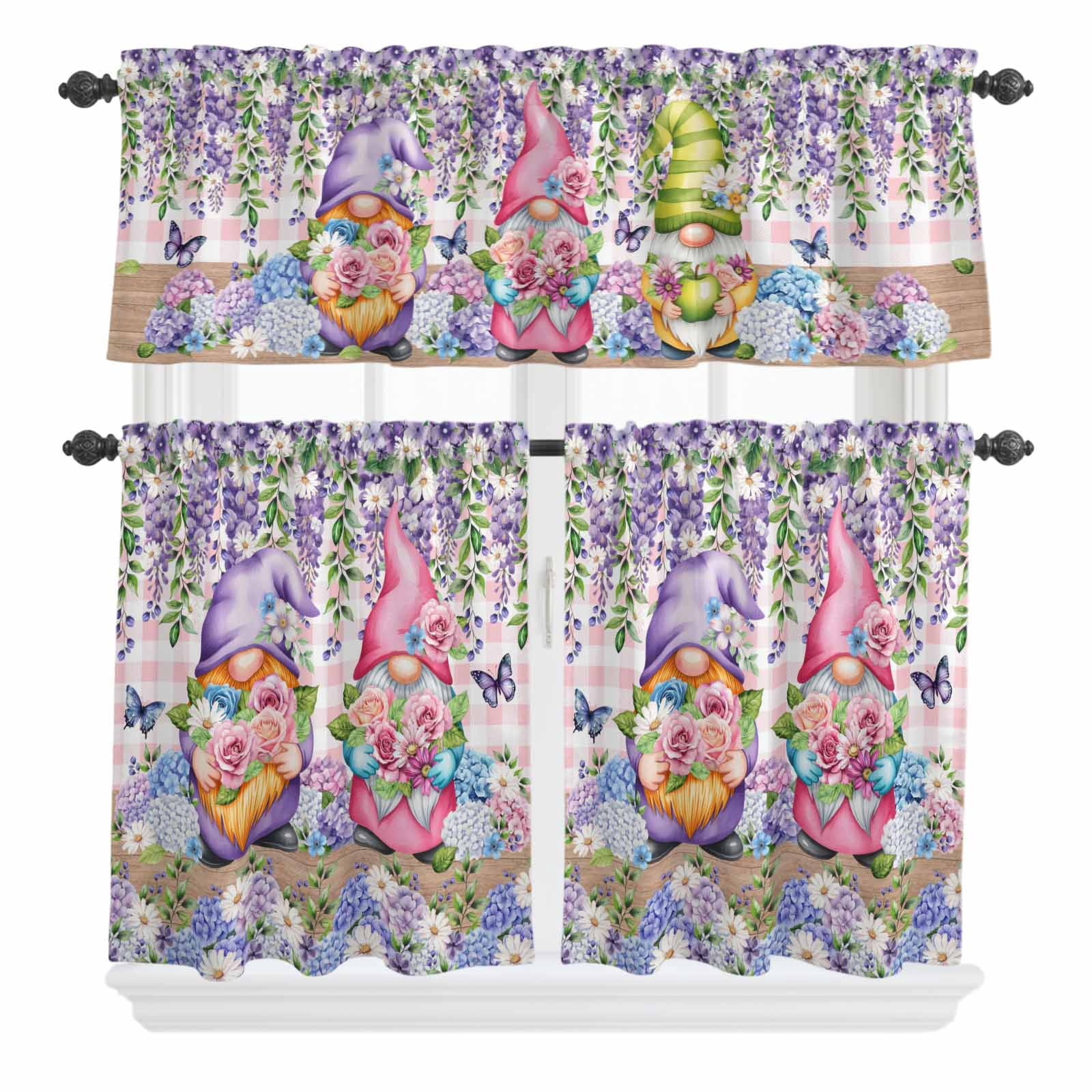 3 Piece Kitchen Curtains and Valances Set Blue Purple Gnomes Cafe ...