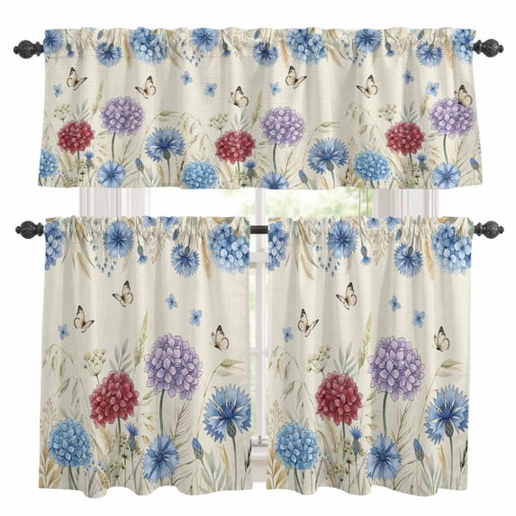 3 Piece Kitchen Curtains and Valances Set Blue Purple Red Hydrangea ...