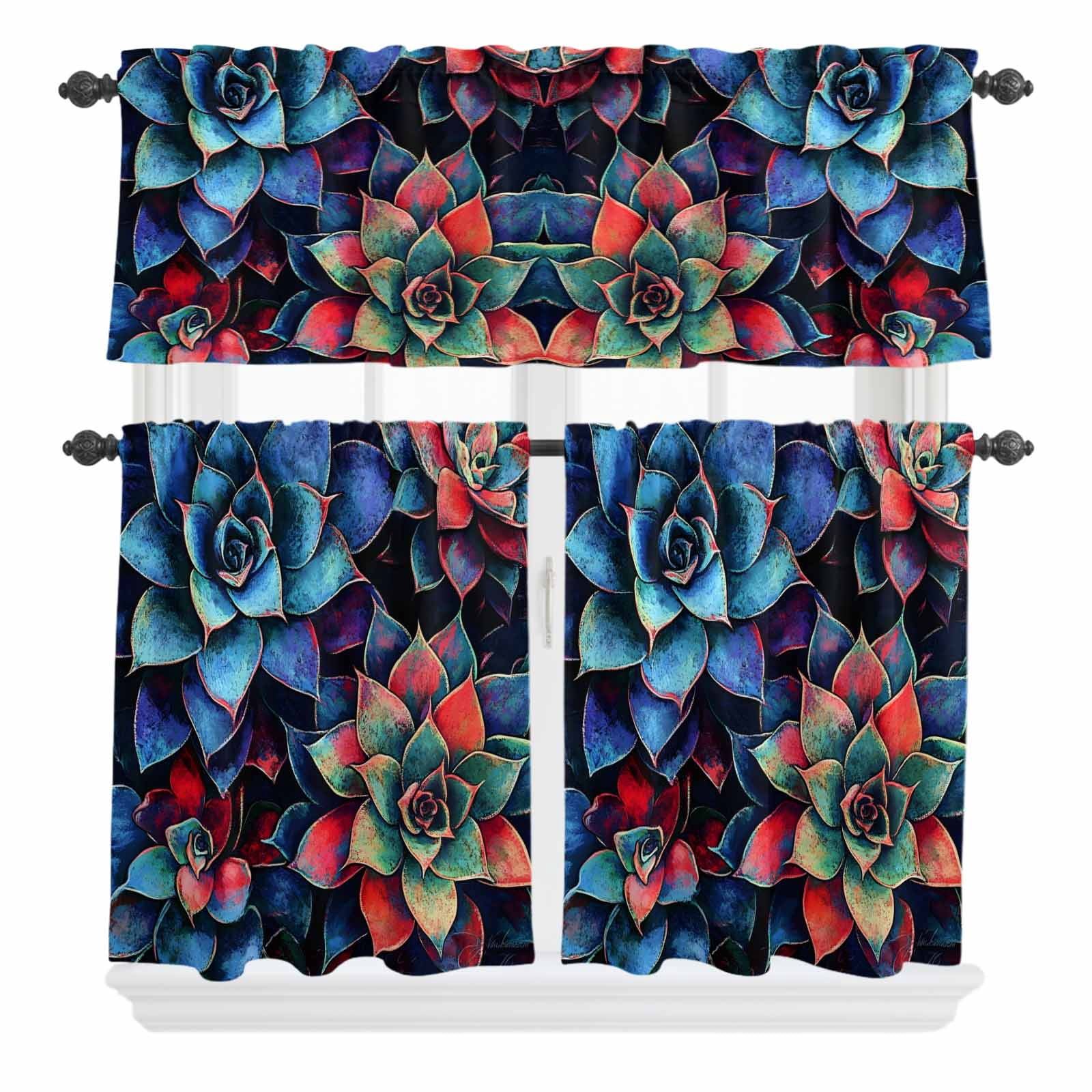3 Piece Kitchen Curtains and Valances Set Blue Red Cafe Curtains 36 ...