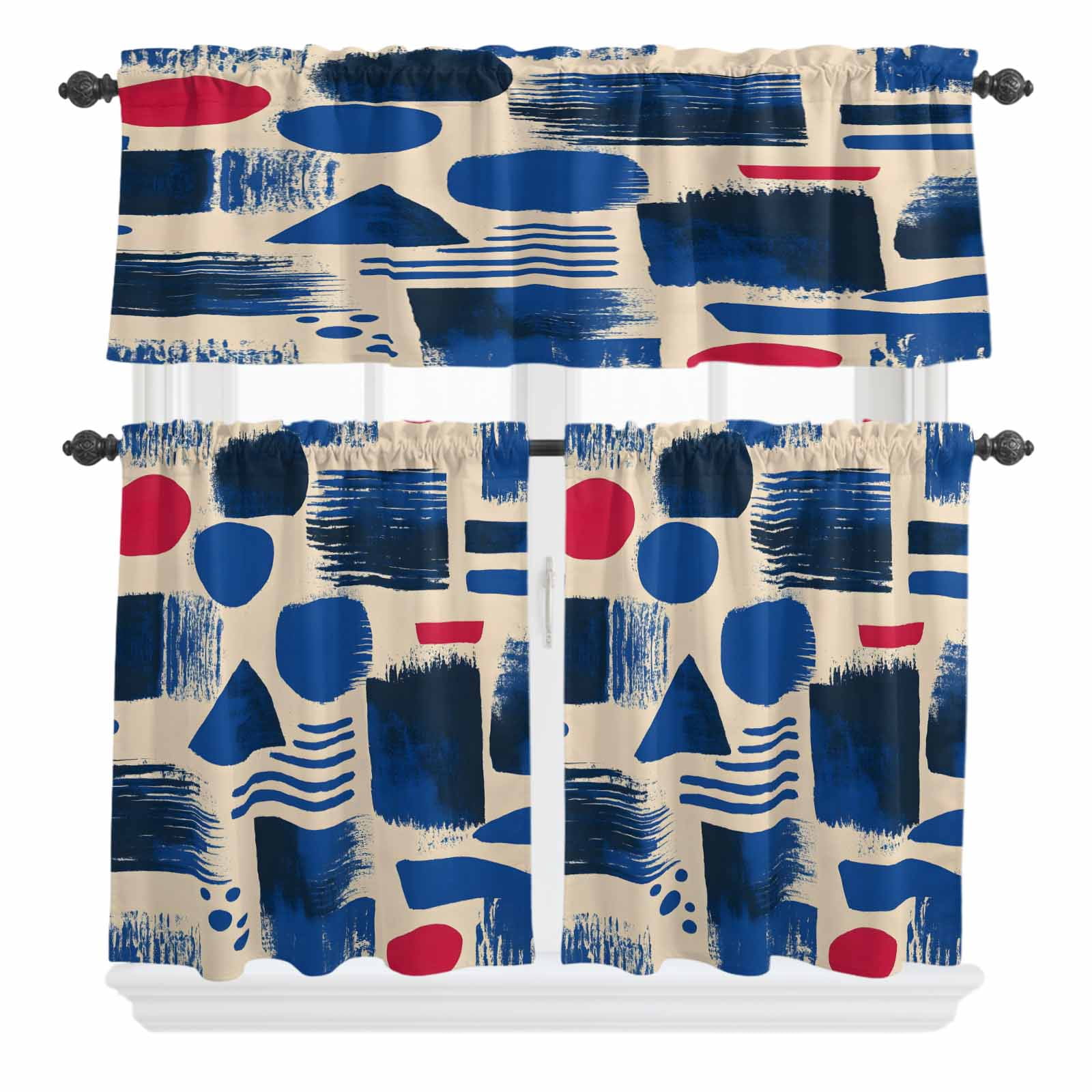 3 Piece Kitchen Curtains and Valances Set Blue Red Color Block Cafe ...
