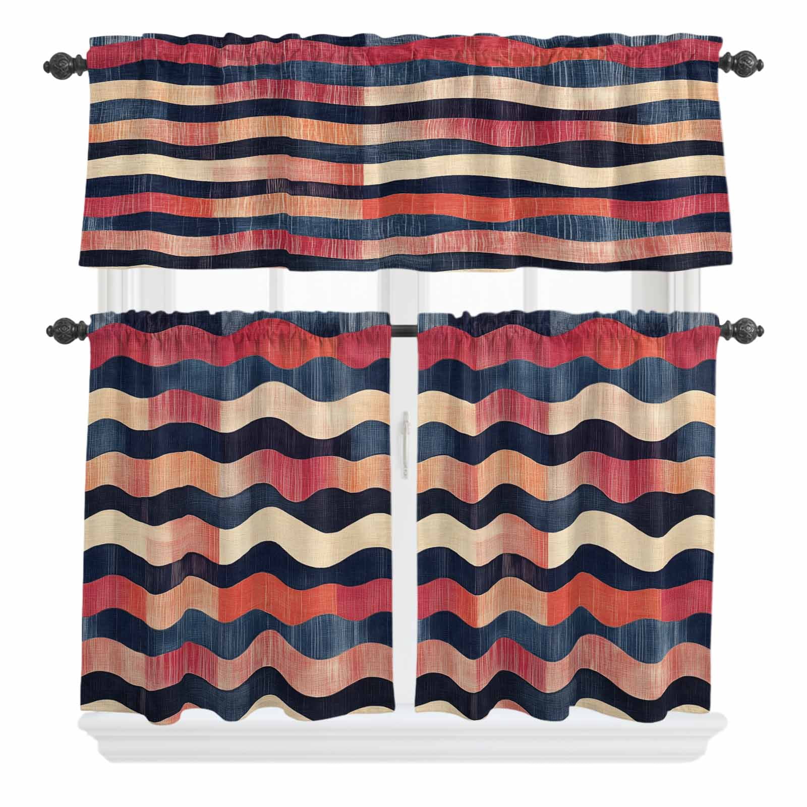 3 Piece Kitchen Curtains and Valances Set Blue Red Moire Cafe Curtains ...