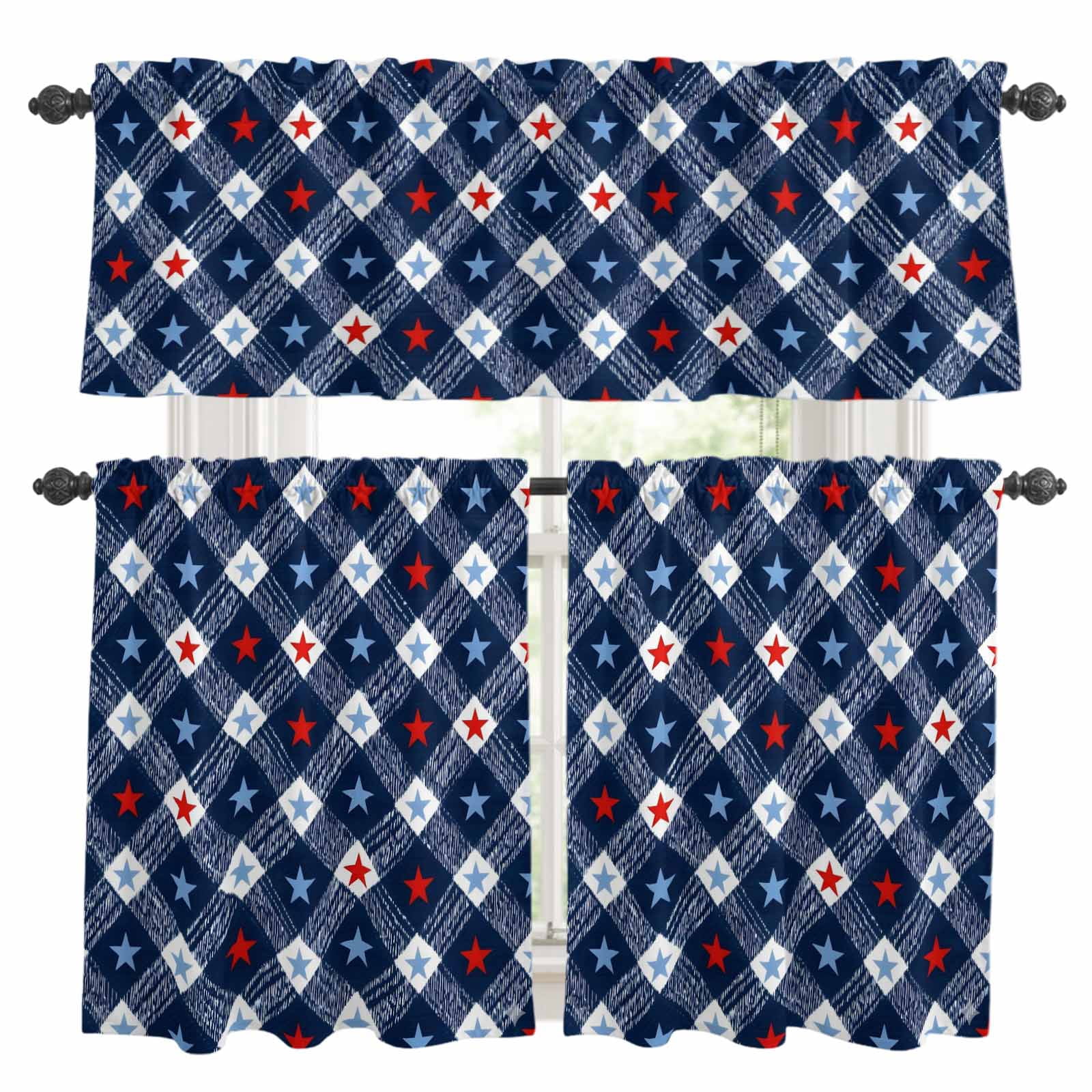 3 Piece Kitchen Curtains and Valances Set Blue Red Star Plaid Cafe ...