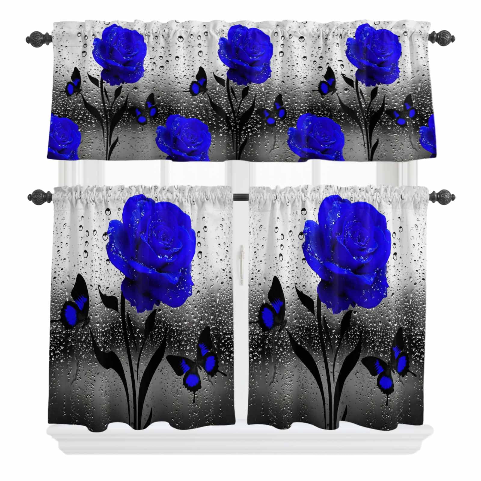 3 Piece Kitchen Curtains and Valances Set Blue Rose Cafe Curtains 36 ...