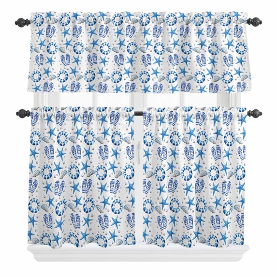 3 Piece Kitchen Curtains and Valances Set Blue Starfish Cafe Curtains ...