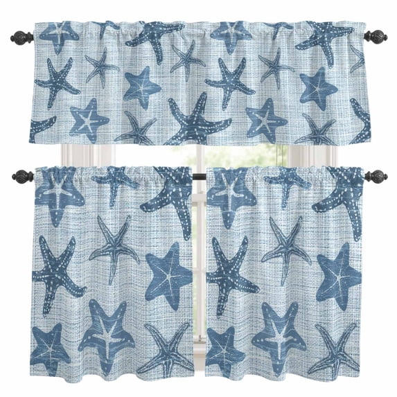 3 Piece Kitchen Curtains and Valances Set Blue Starfish Coastal Cafe ...