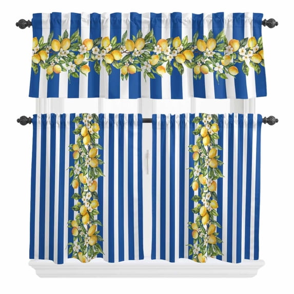 3 Piece Kitchen Curtains and Valances Set Blue Stripes Lemon Cafe ...