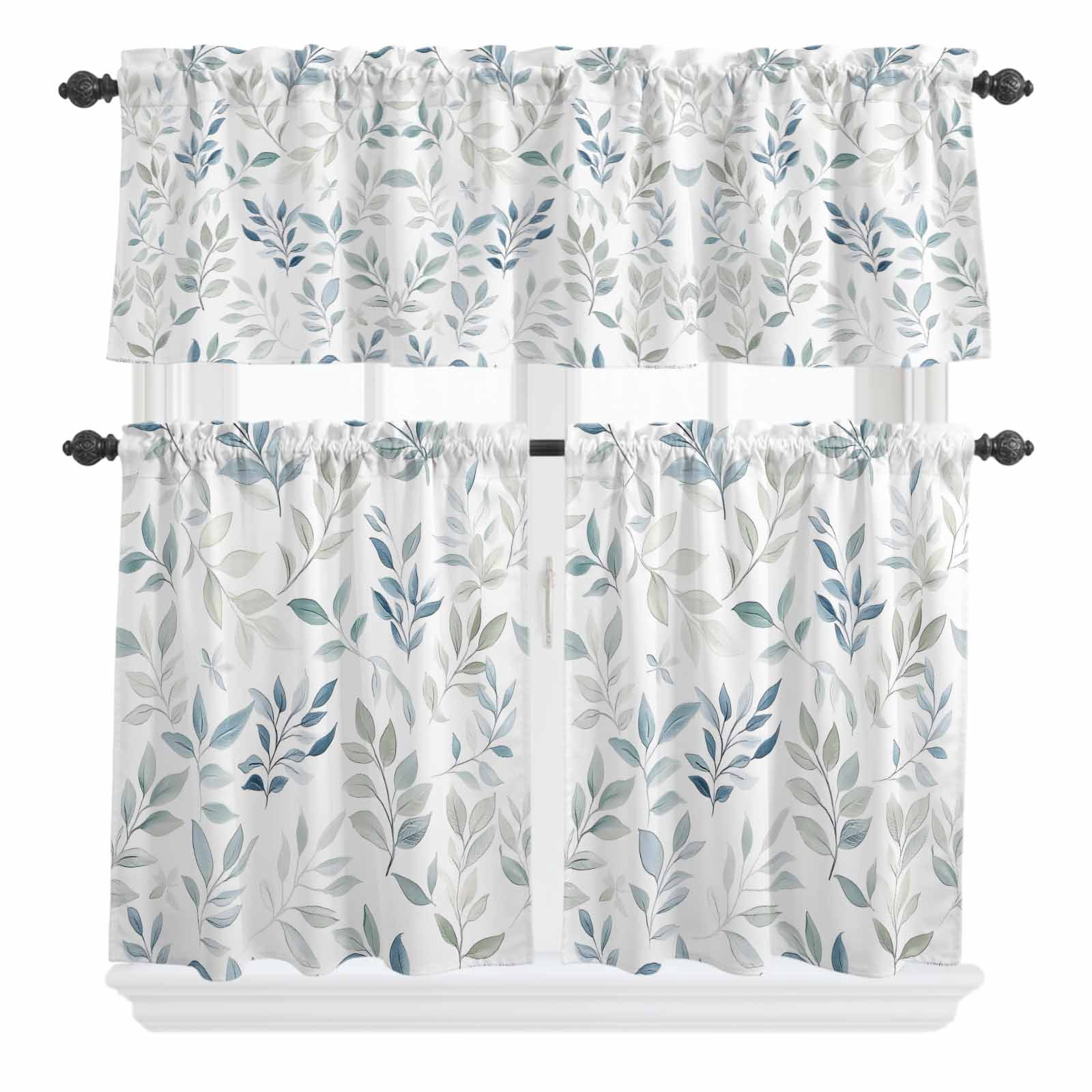 3 Piece Kitchen Curtains and Valances Set Blue Teal Botanical Cafe ...
