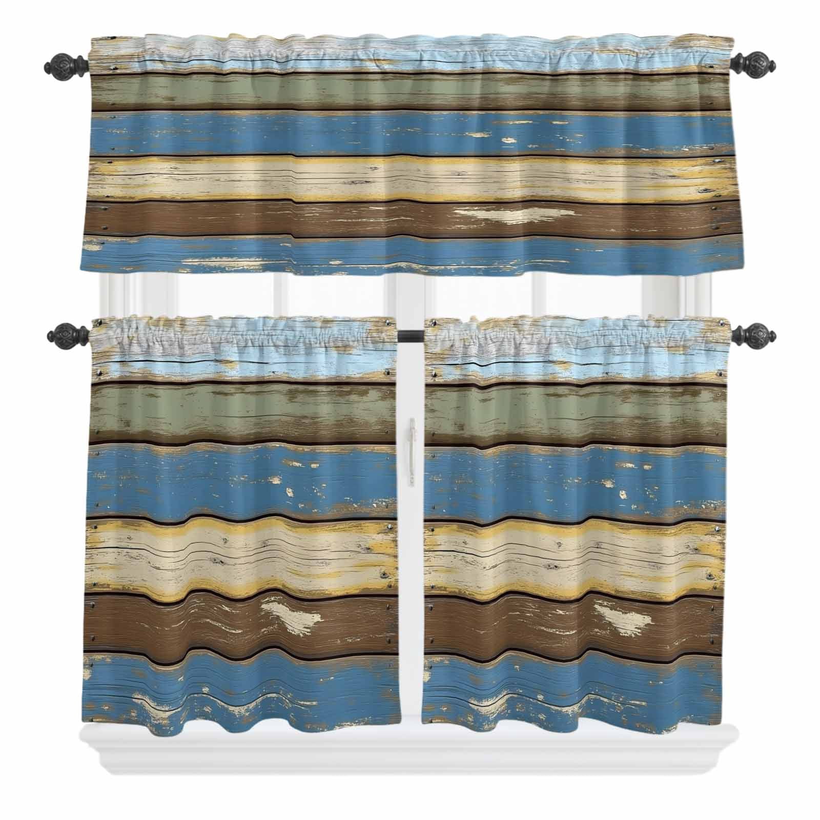3 Piece Kitchen Curtains and Valances Set Blue Teal Brown Farmhouse ...