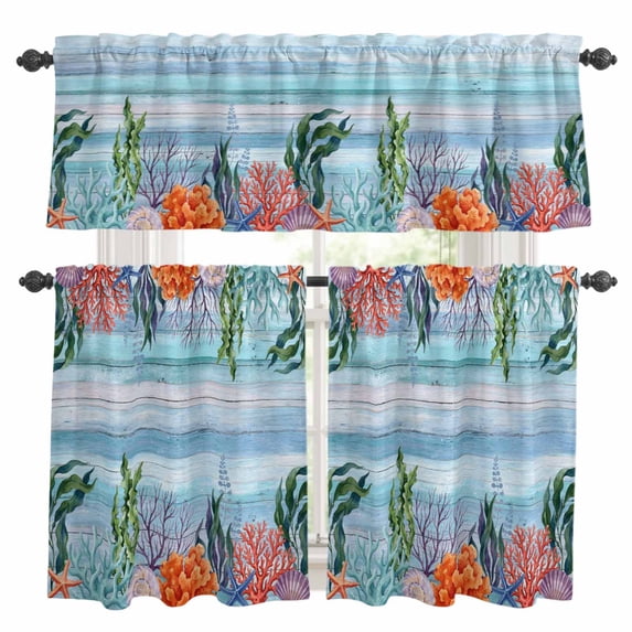 3 Piece Kitchen Curtains and Valances Set Blue Teal Coastal Cafe ...