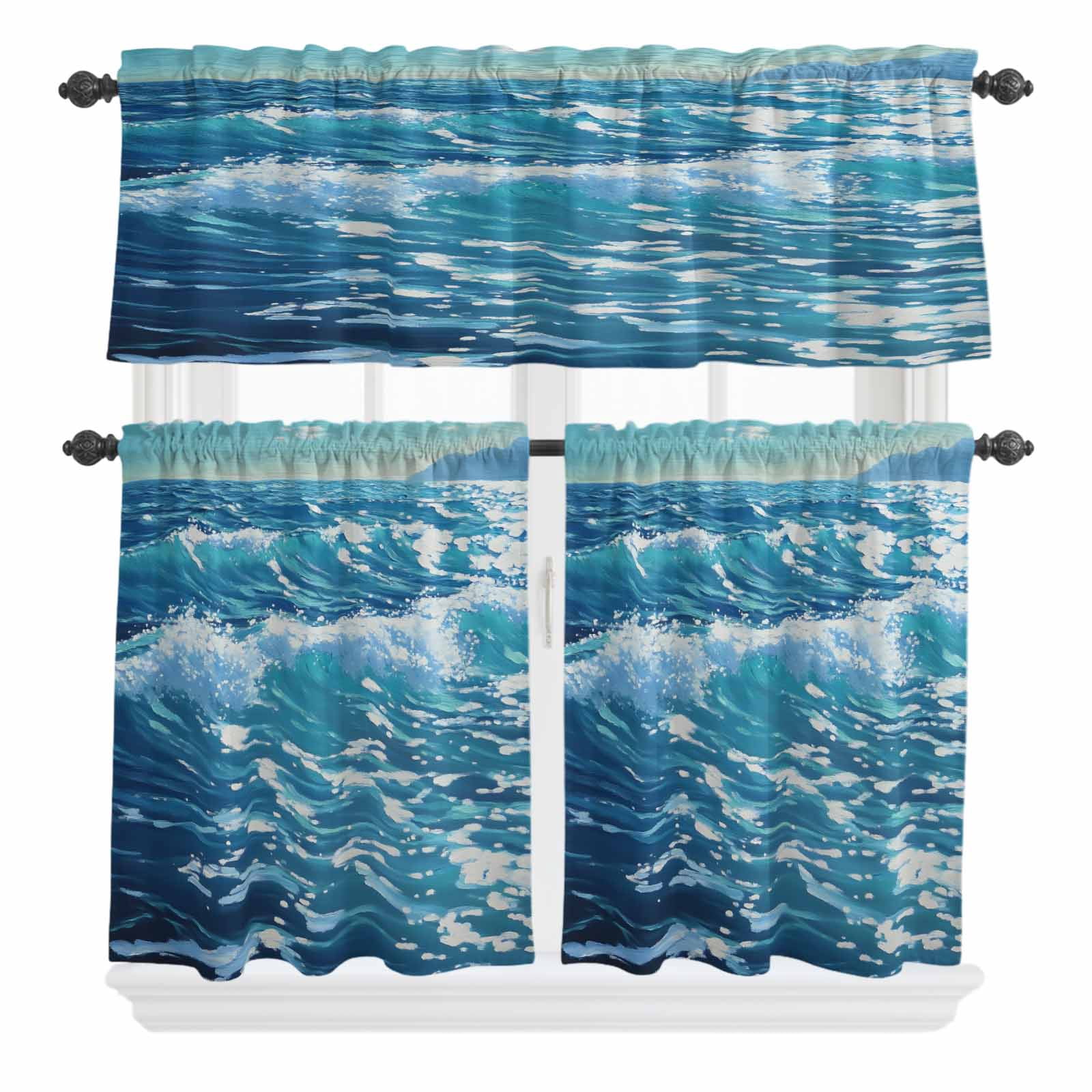3 Piece Kitchen Curtains and Valances Set Blue Teal Coastal Cafe ...