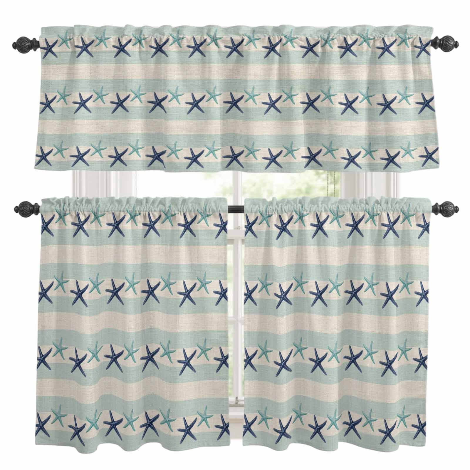 3 Piece Kitchen Curtains and Valances Set Blue Teal Starfish Coastal ...