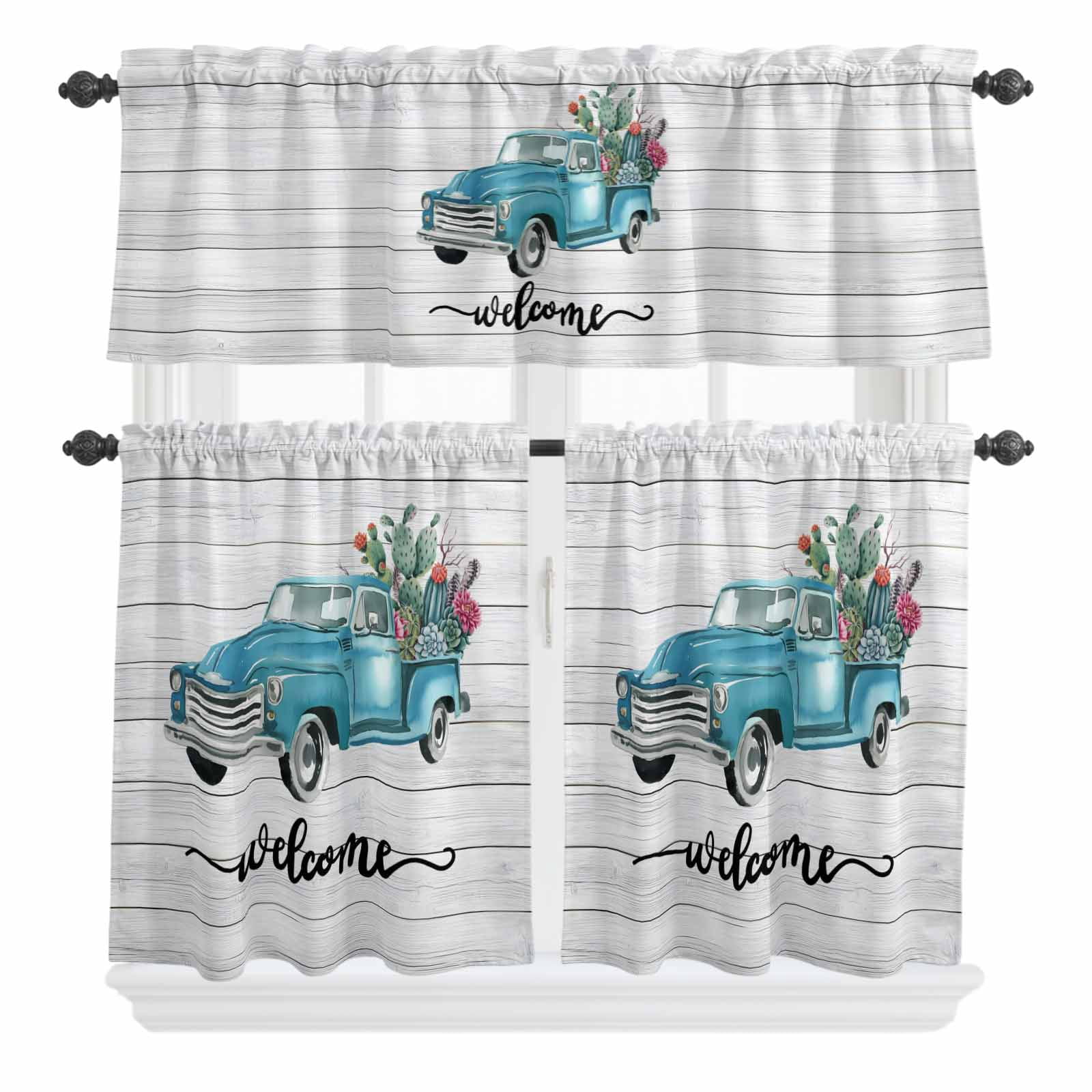3 Piece Kitchen Curtains and Valances Set Blue Truck Cafe Curtains 24 ...