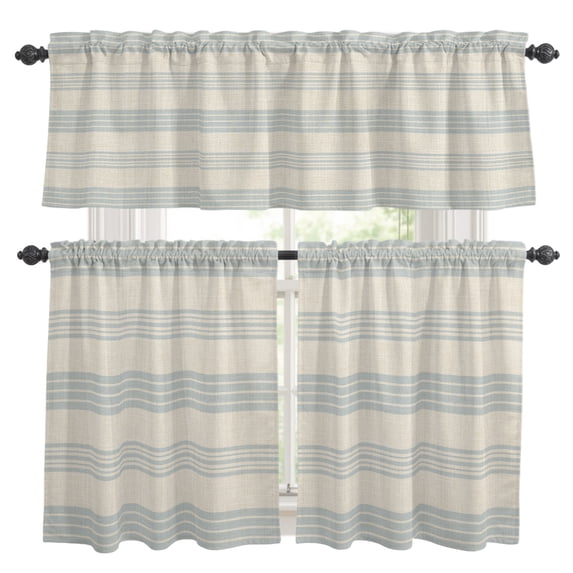 3 Piece Kitchen Curtains and Valances Set Blue Vertical Stripes Cafe ...