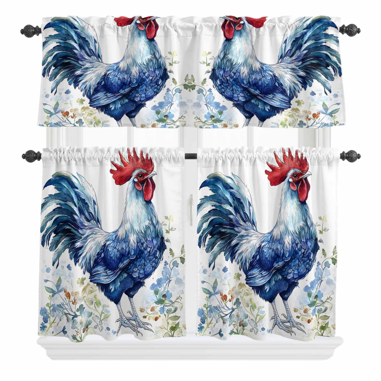 3 Piece Kitchen Curtains and Valances Set Blue Vintage Rooster Cafe ...