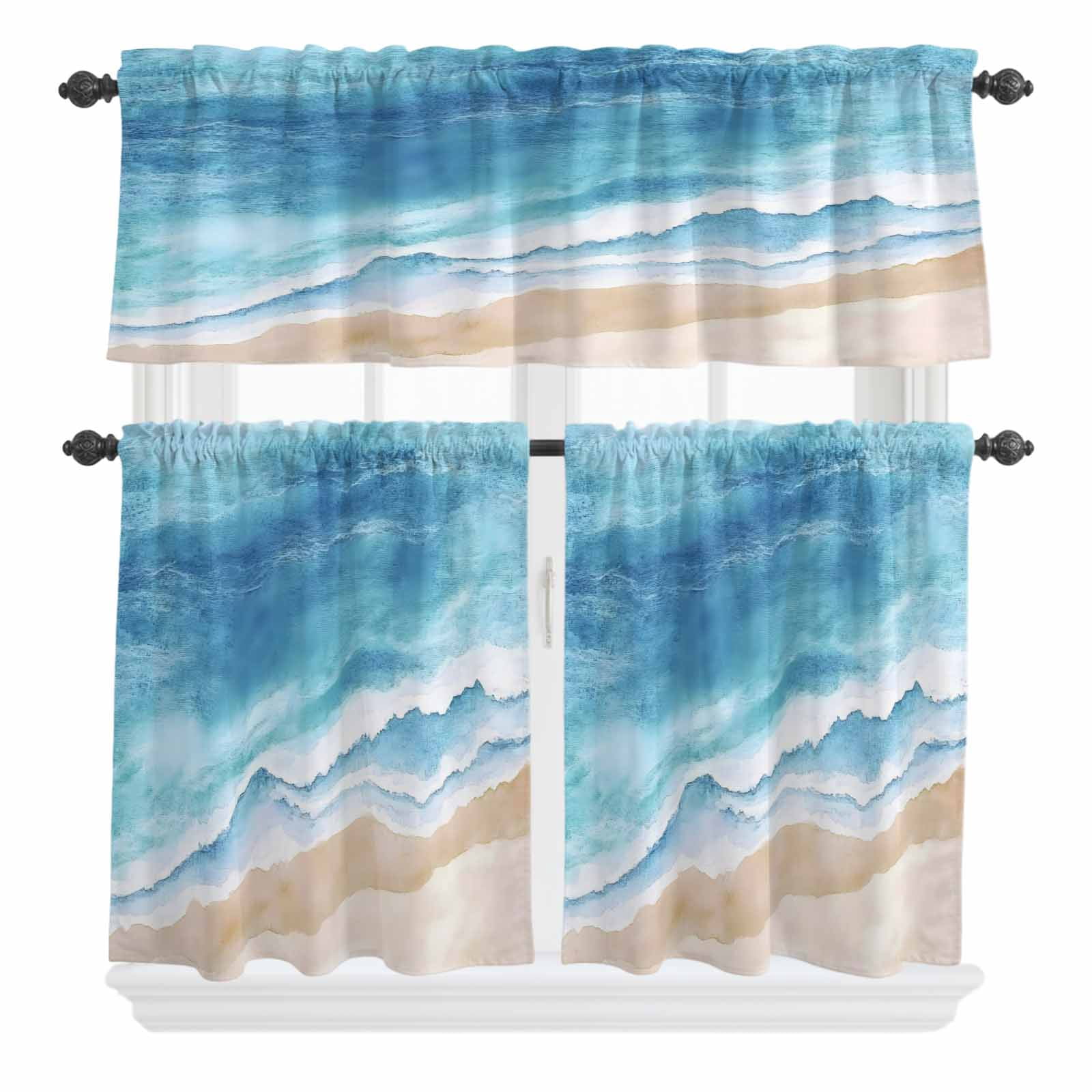 3 Piece Kitchen Curtains and Valances Set Blue Waves Cafe Curtains 36 ...
