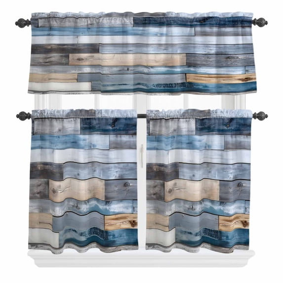 3 Piece Kitchen Curtains and Valances Set Blue Wooden Grain Cafe ...