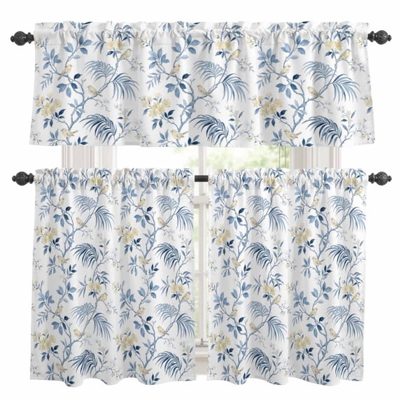 3 Piece Kitchen Curtains and Valances Set Blue Yellow Floral Cafe ...