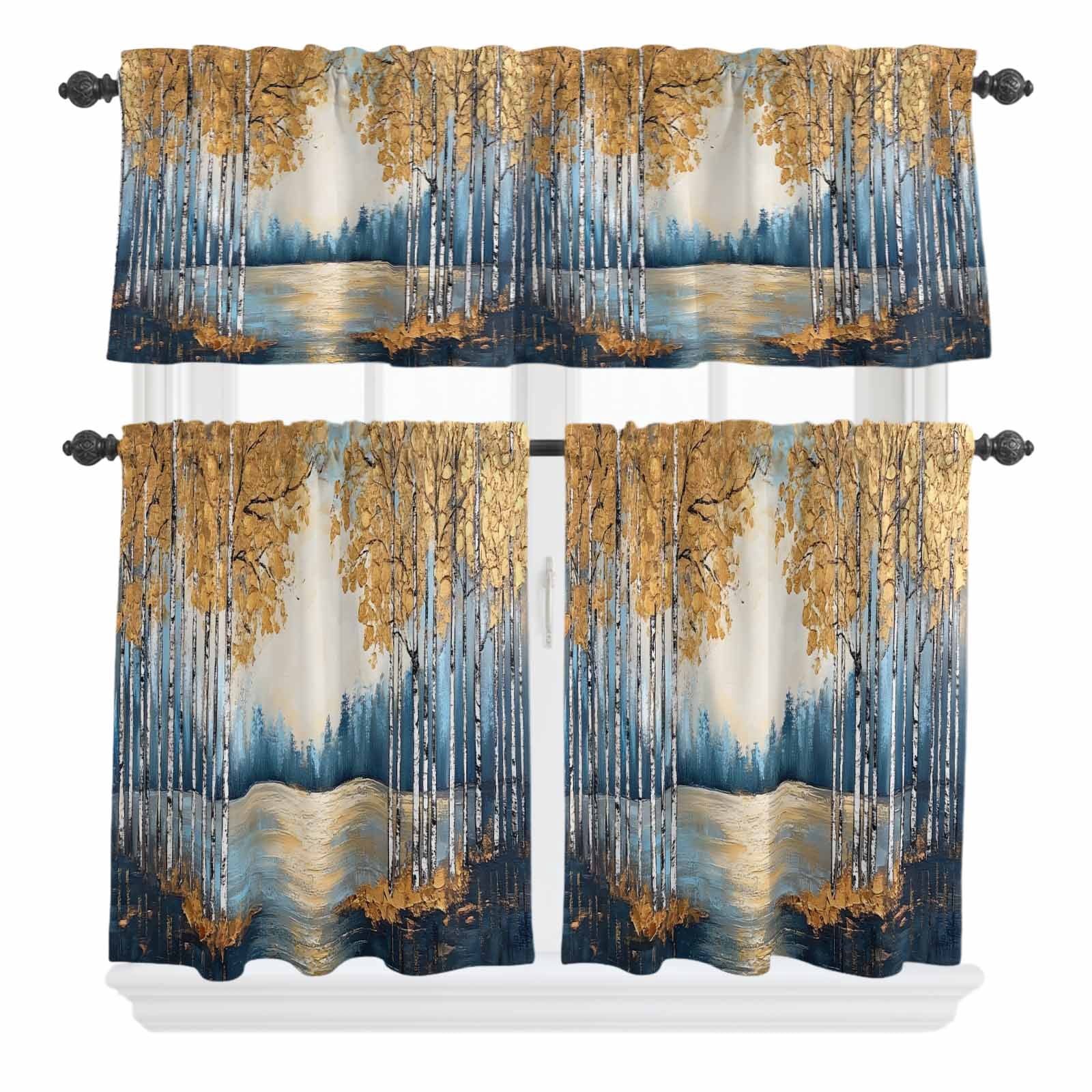 3 Piece Kitchen Curtains and Valances Set Blue Yellow Forest Cafe ...