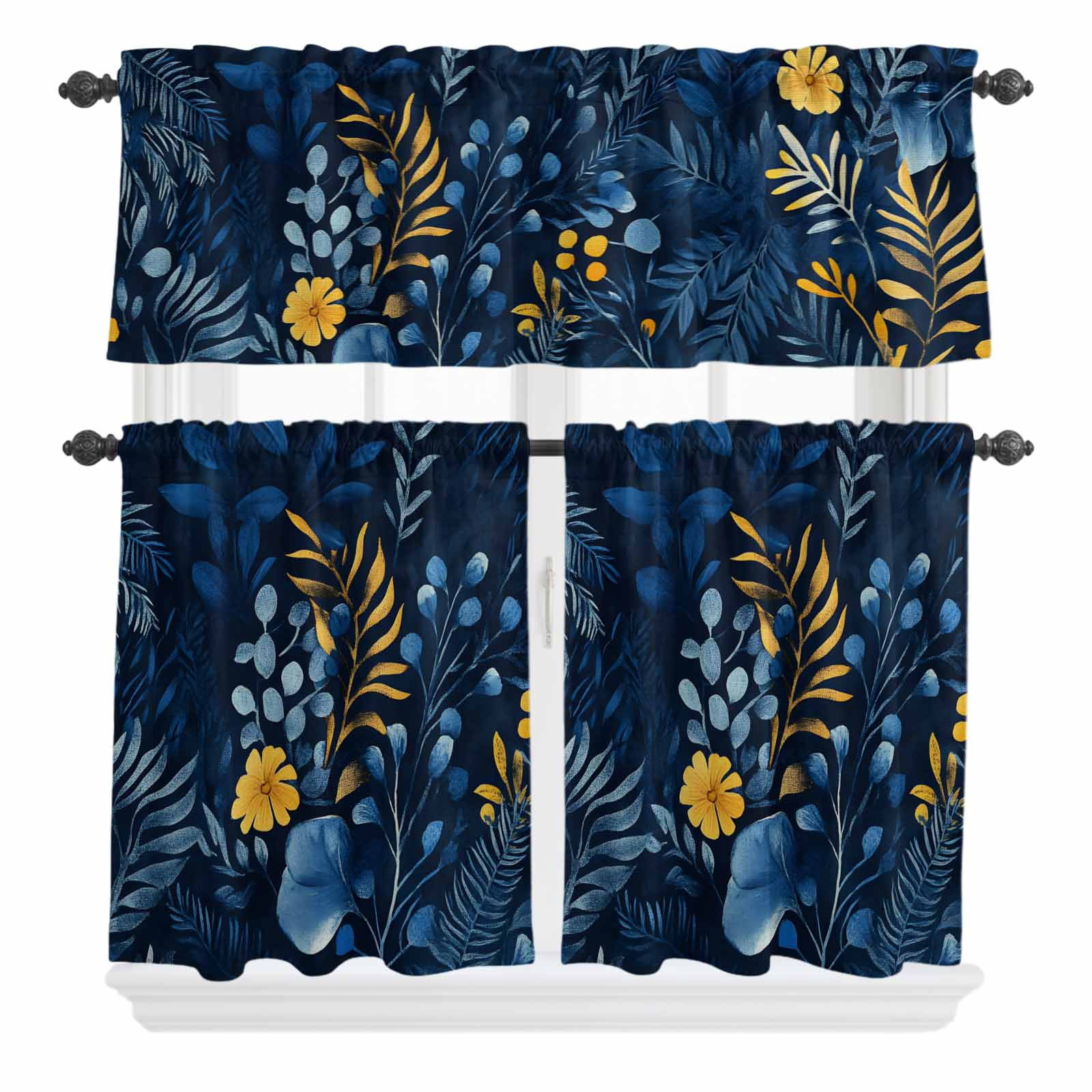 3 Piece Kitchen Curtains and Valances Set Blue Yellow Leaves Cafe ...
