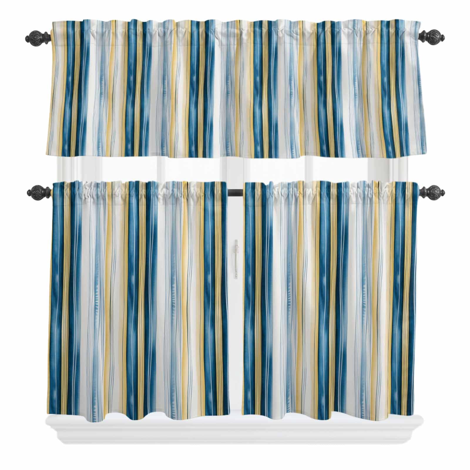 3 Piece Kitchen Curtains and Valances Set Blue Yellow Striped Cafe ...
