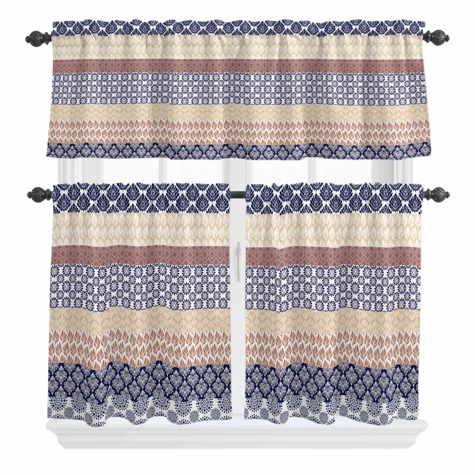 3 Piece Kitchen Curtains and Valances Set Boho Blue Brown Cafe Curtains 24 Inch Length Geometric ...