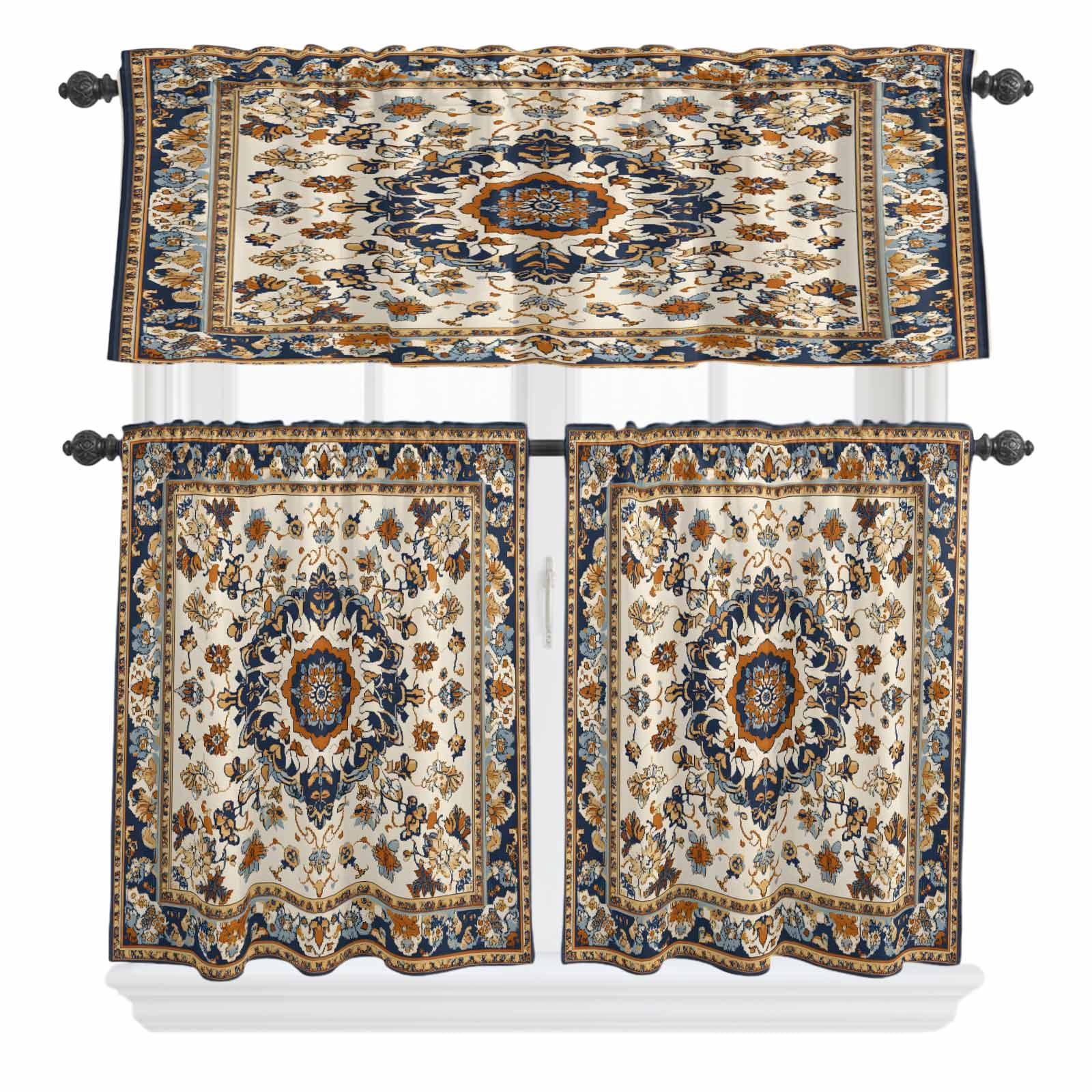 3 Piece Kitchen Curtains and Valances Set Boho Navy Blue Brown Cafe Curtains 36 Inch Length ...