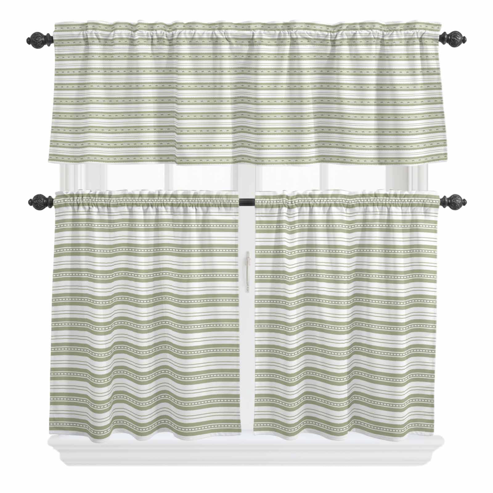 3 Piece Kitchen Curtains and Valances Set Boho Sage Green Stripe Cafe ...
