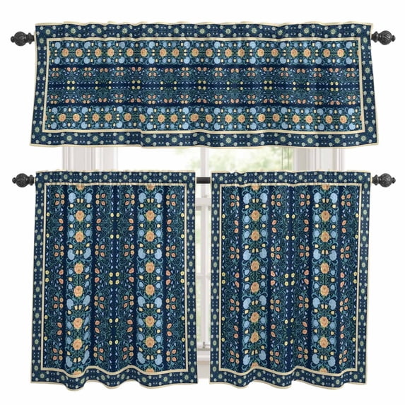 3 Piece Kitchen Curtains and Valances Set Boho Teal Floral Cafe ...