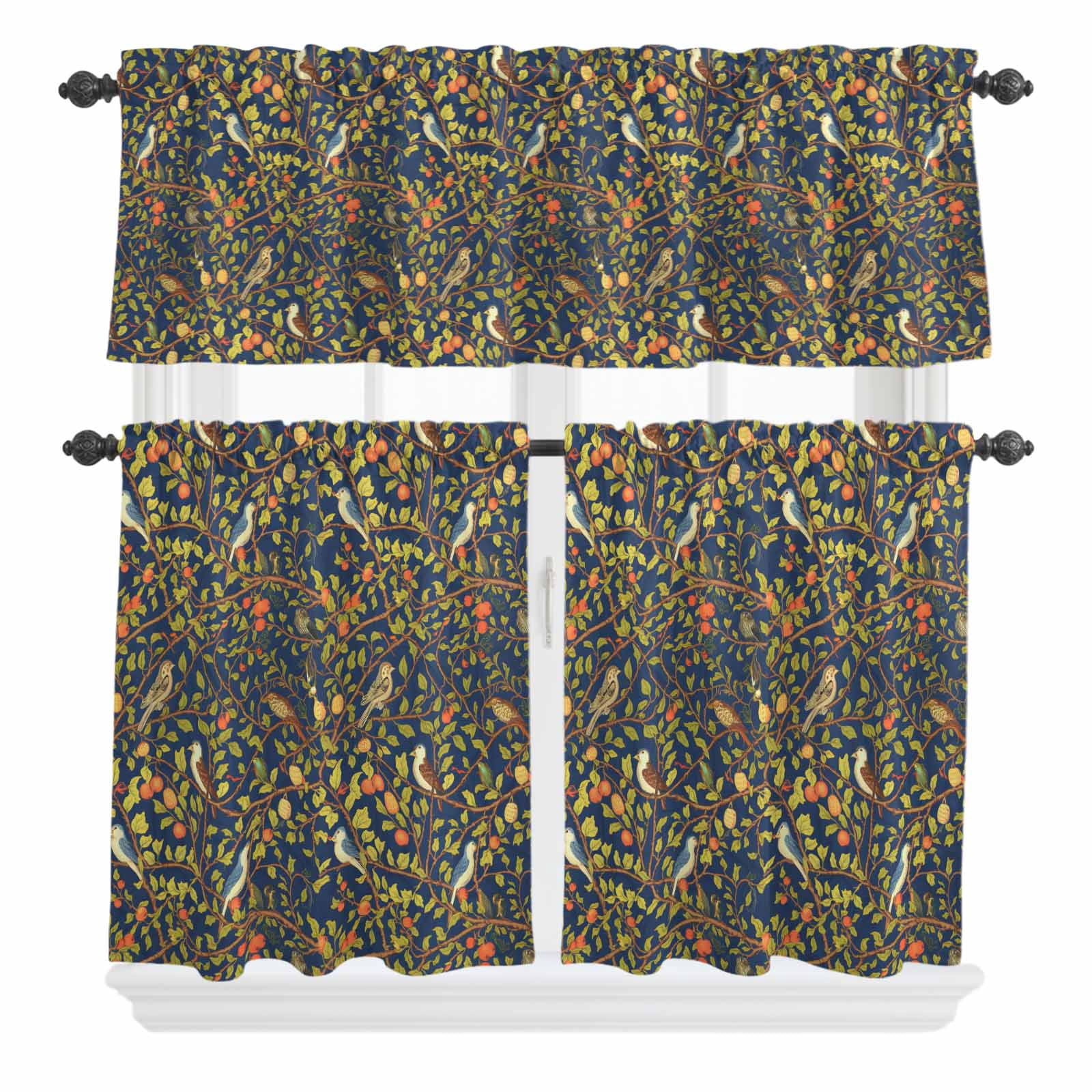 3 Piece Kitchen Curtains and Valances Set Botanical Birds Cafe Curtains ...