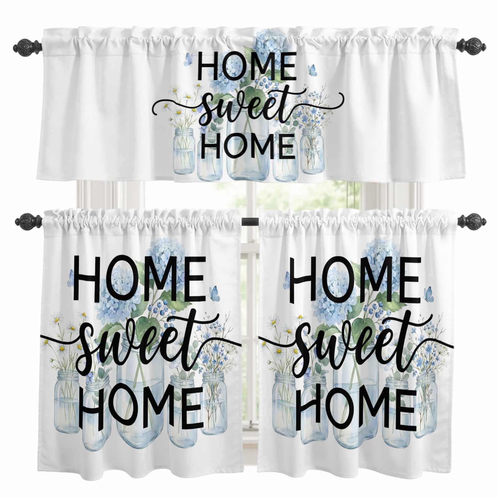 3 Piece Kitchen Curtains and Valances Set Botanical Flowers Cafe ...