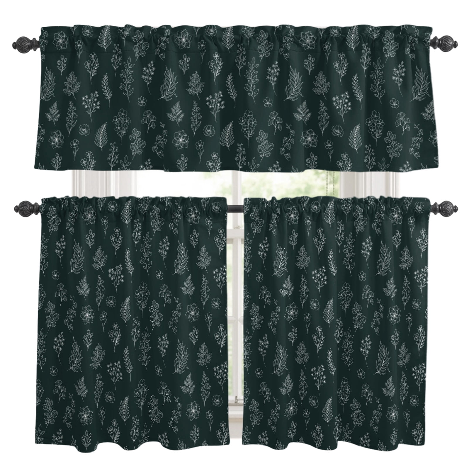 3 Piece Kitchen Curtains and Valances Set Botanical Green Cafe Curtains ...