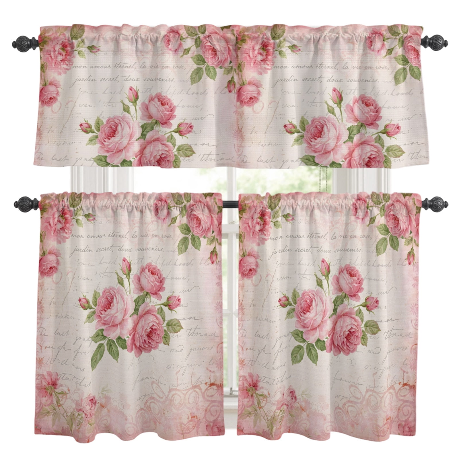 3 Piece Kitchen Curtains and Valances Set Botanical Roses Cafe Curtains ...