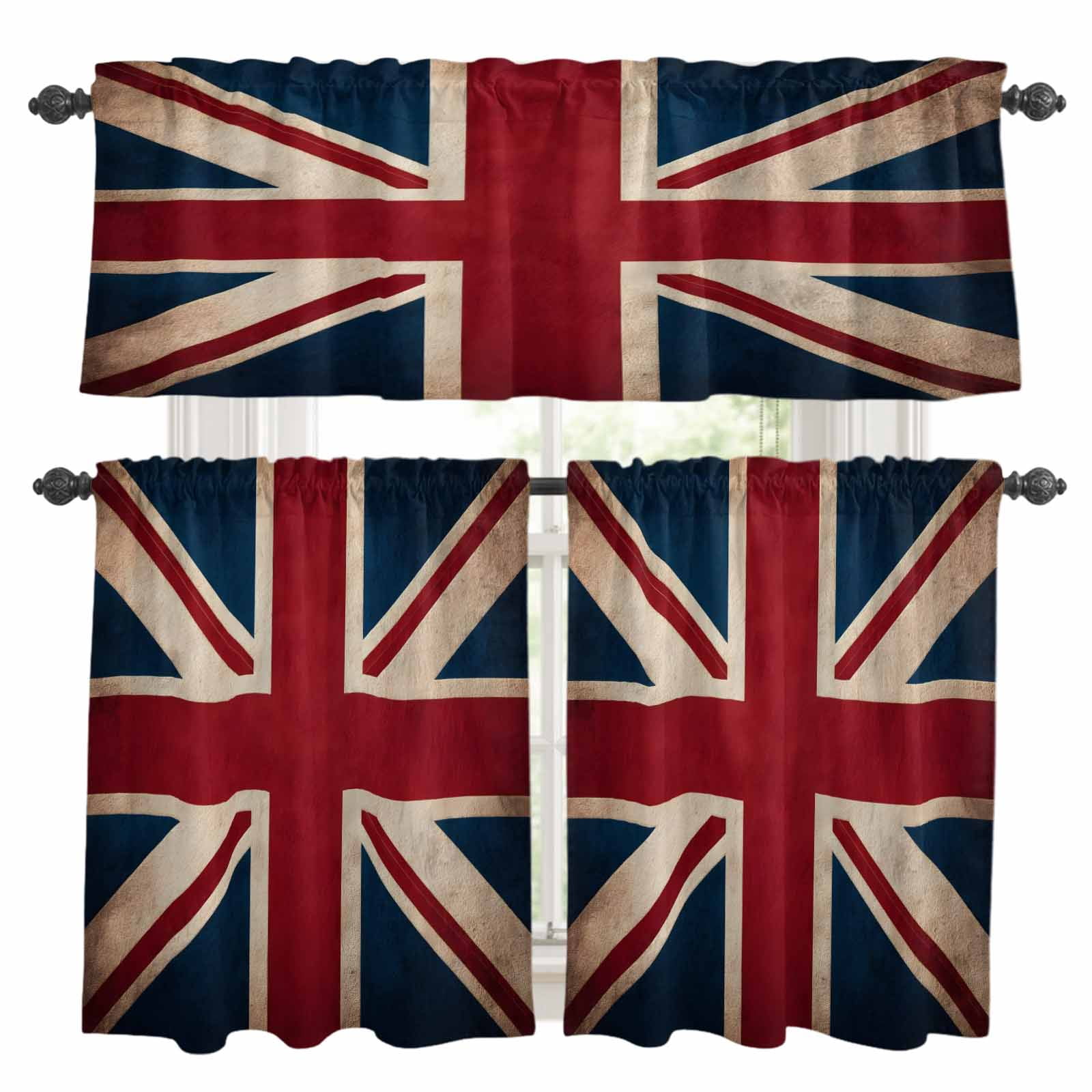 3 Piece Kitchen Curtains and Valances Set British Flag Cafe Curtains 24 ...