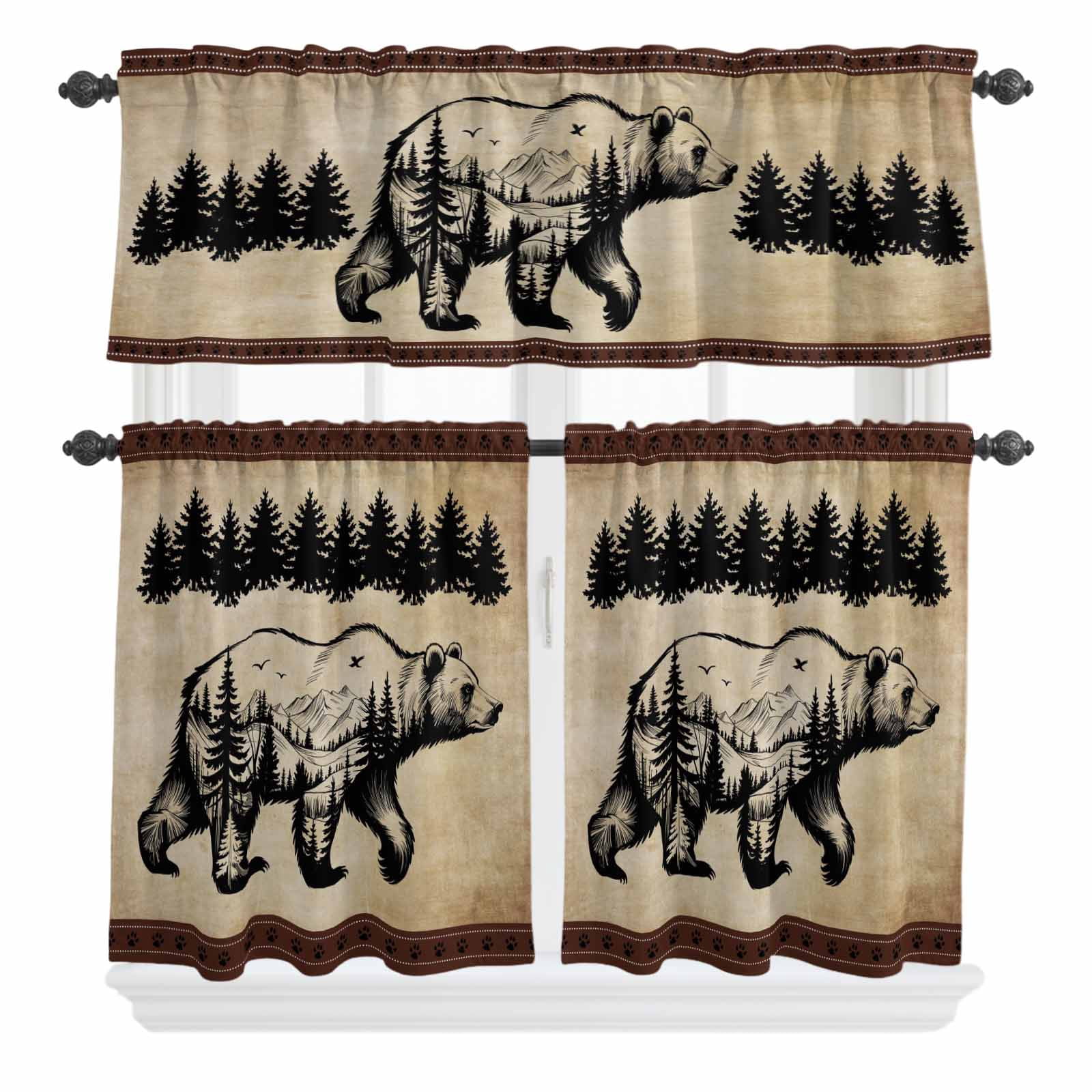 3 Piece Kitchen Curtains and Valances Set Brown Black Bear Cafe ...