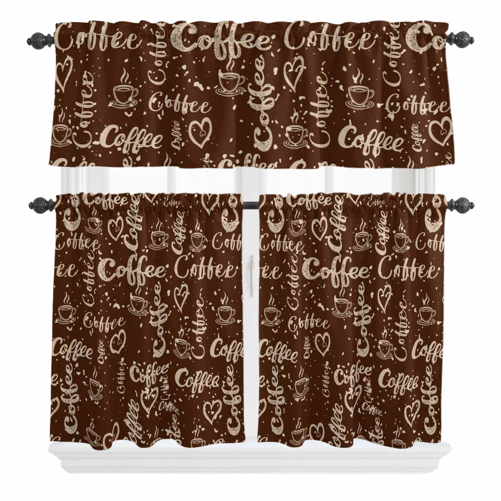 3 Piece Kitchen Curtains and Valances Set Brown Coffee Vintage Cafe ...