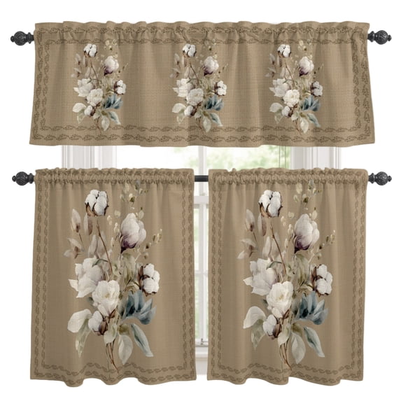 3 Piece Kitchen Curtains and Valances Set Brown Cotton Flowers Cafe ...