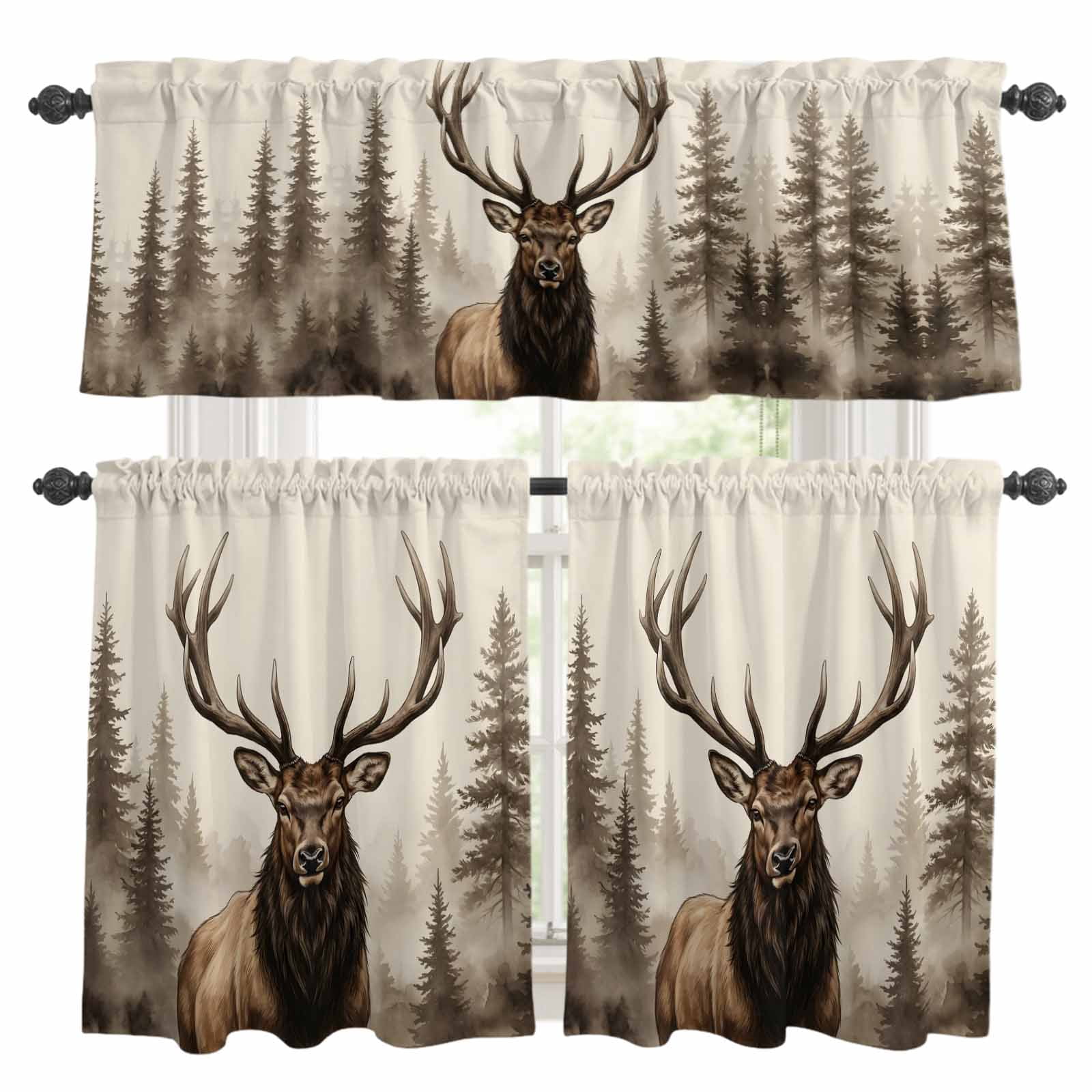 3 Piece Kitchen Curtains and Valances Set Brown Elk Cafe Curtains 36 ...