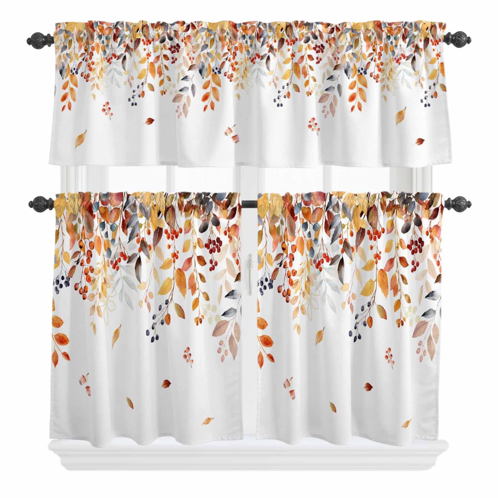 3 Piece Kitchen Curtains and Valances Set Brown Eucalyptus Leaves Cafe ...