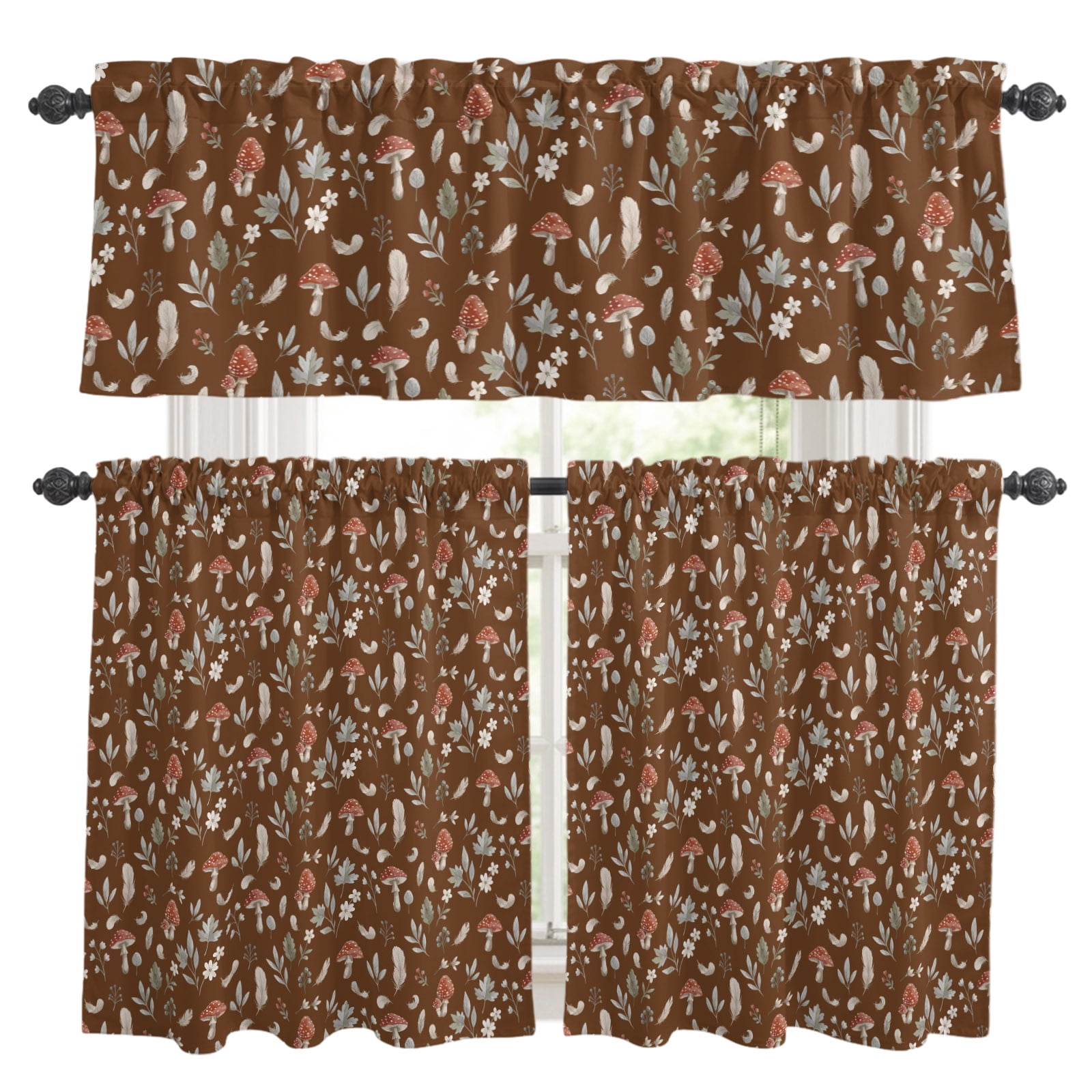 3 Piece Kitchen Curtains and Valances Set Brown Fall Mushroom Cafe ...