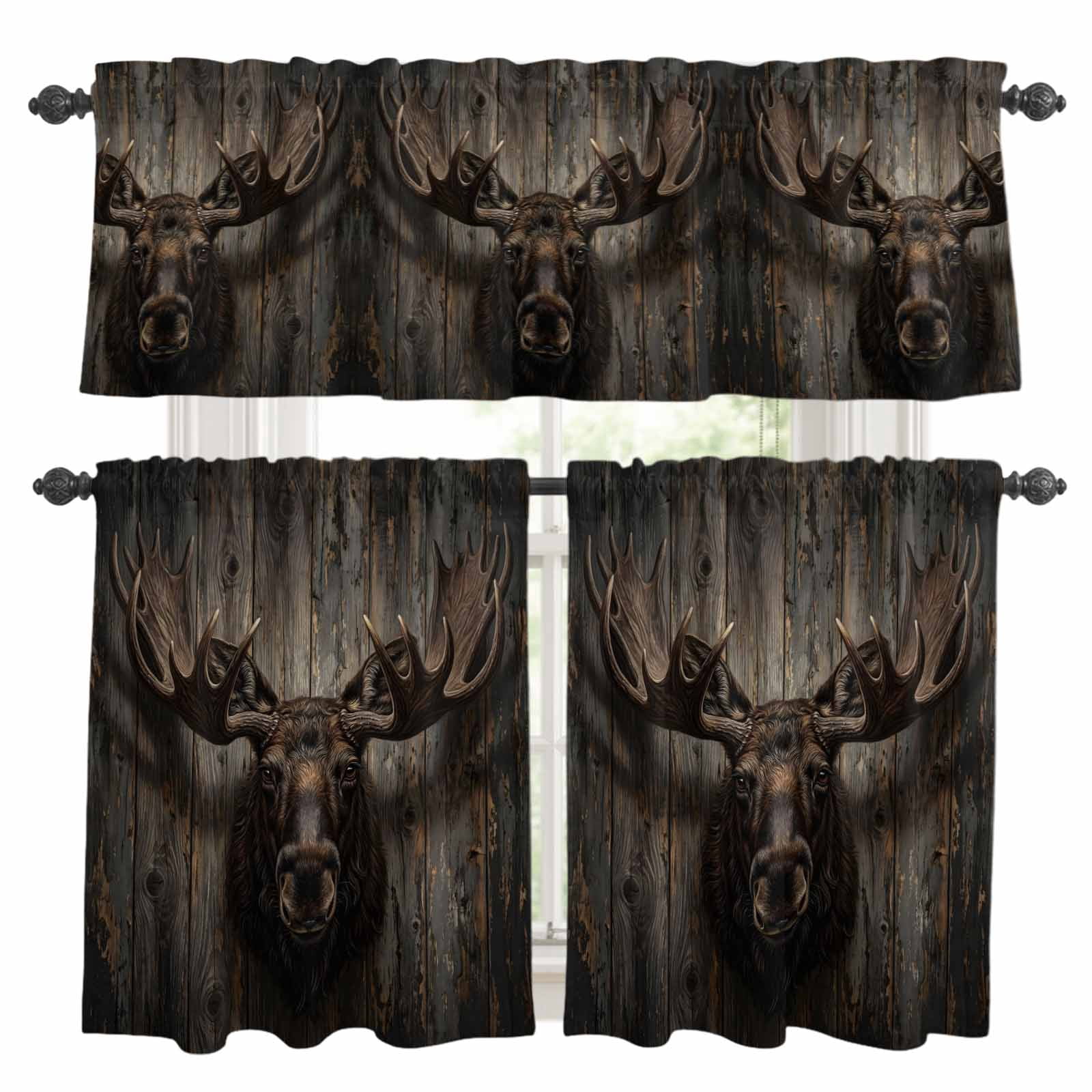 3 Piece Kitchen Curtains and Valances Set Brown Moose Head Cafe ...